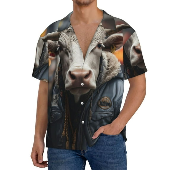 Derioi Surrealist Cow for Men's Cuban Collar Short Sleeve Casual Button ...