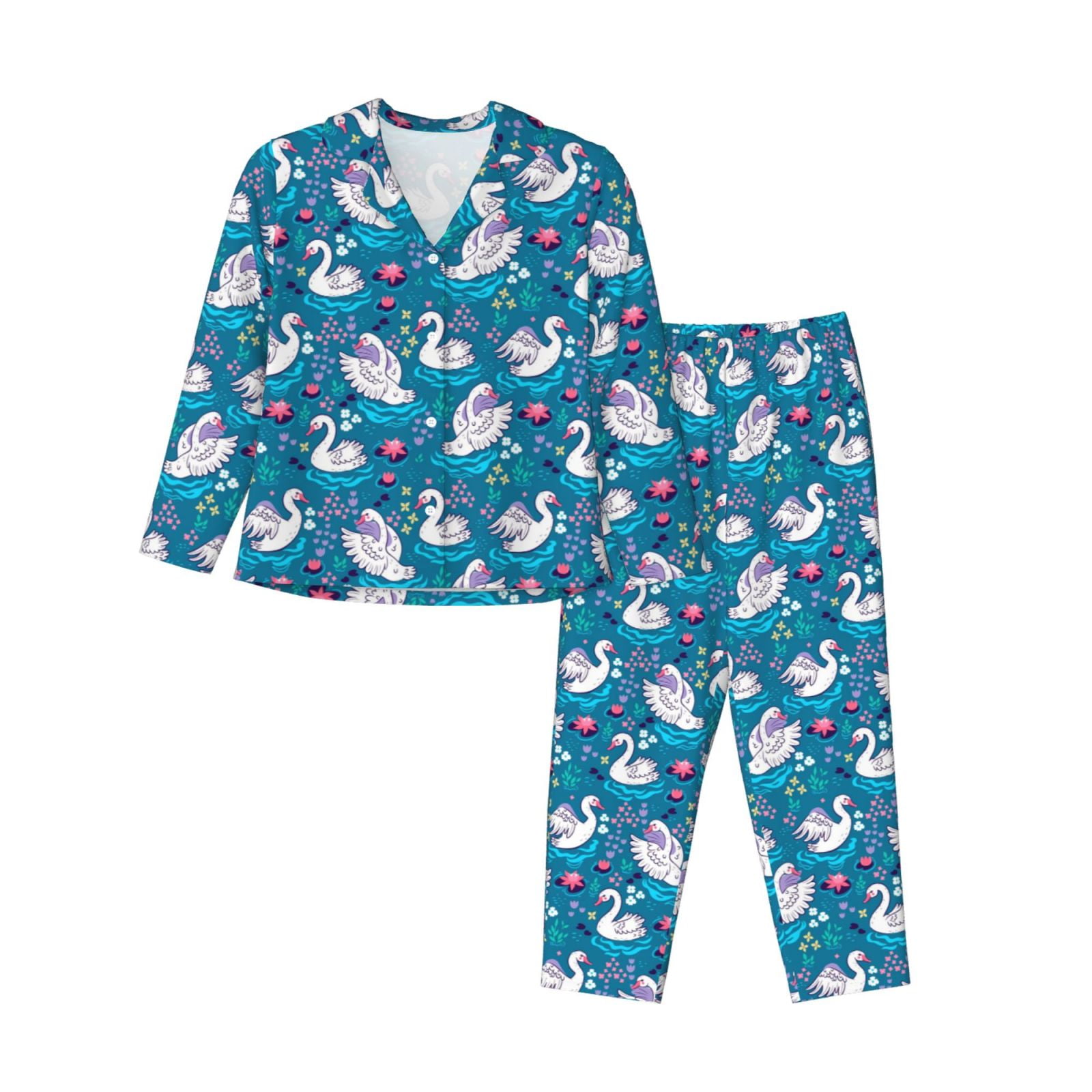 Derioi Swan On The Pond for Button Up Pajamas for Women Women’s Sleepwear Pj Sets for Woman ...