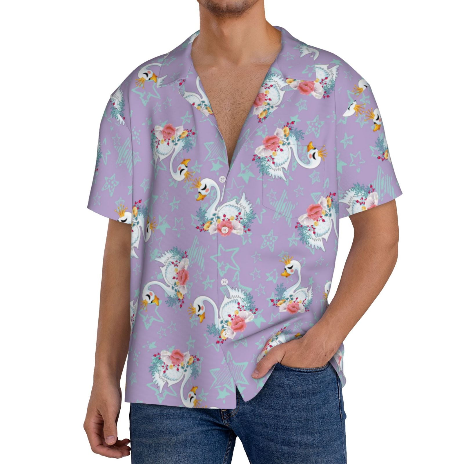 Derioi Swan With Stars for Men's Cuban Collar Short Sleeve Casual ...