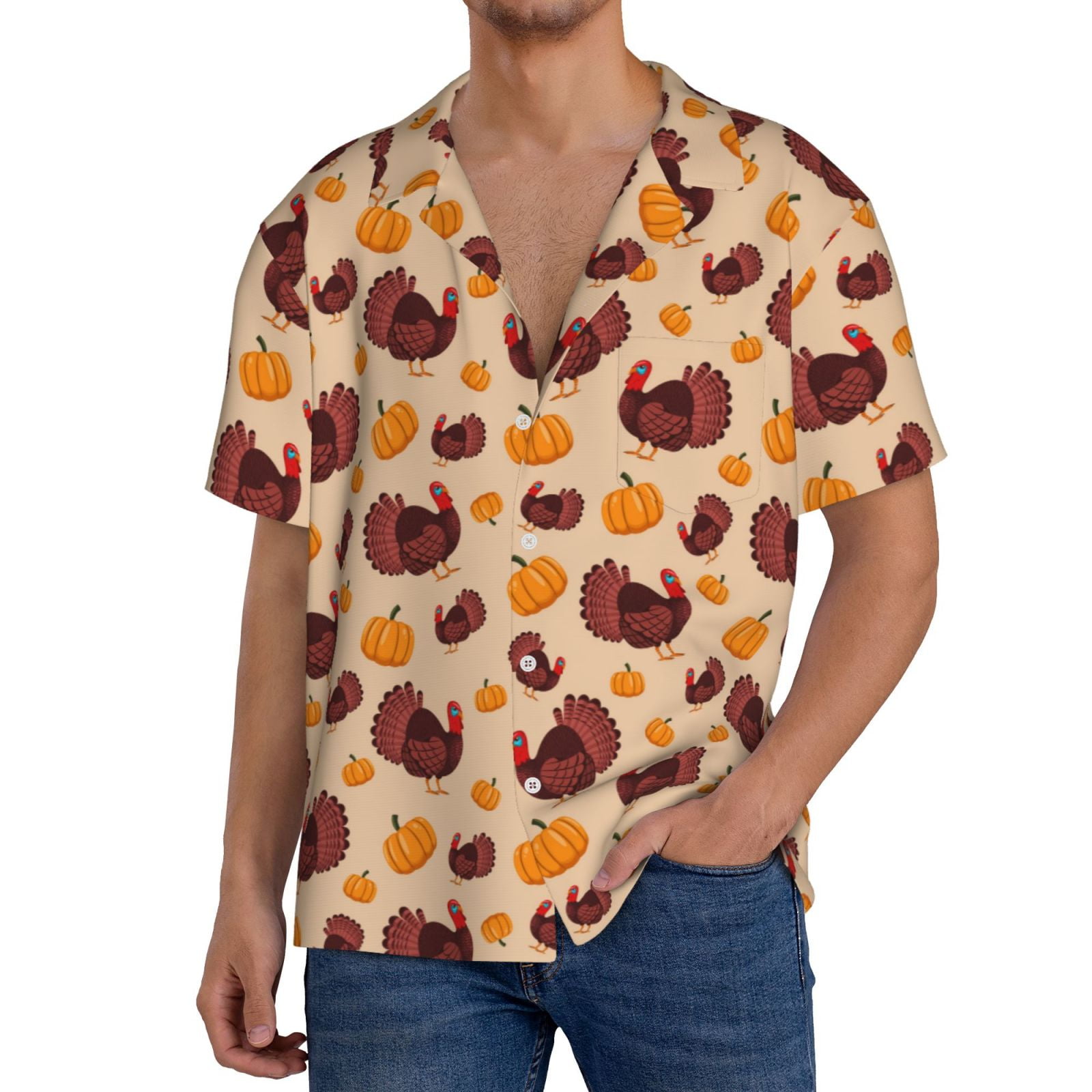 Derioi Thanksgiving Turkey and Pumpkin for Men's Cuban Collar Short ...