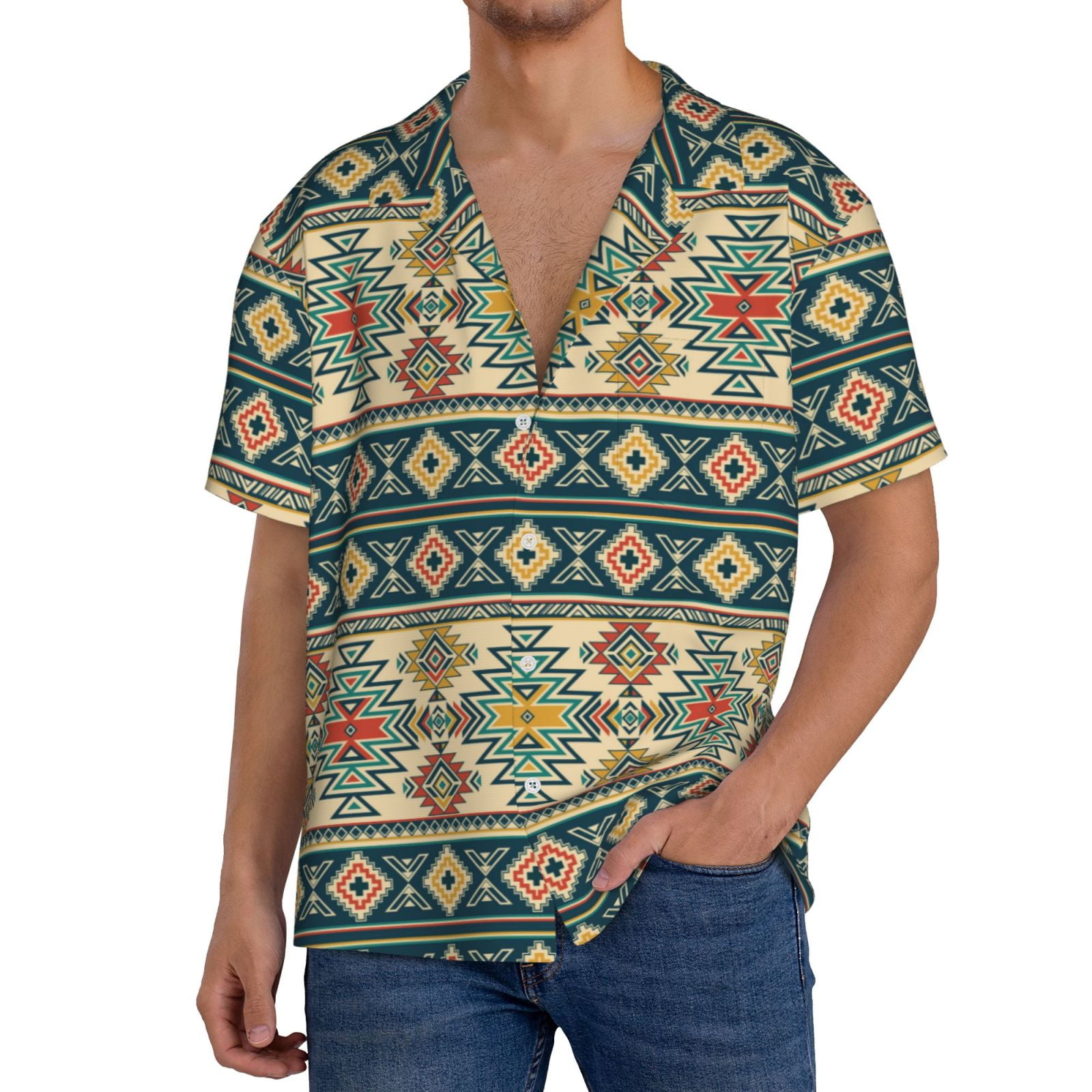 Derioi Traditional Tribal Aztec1 for Men's Cuban Collar Short Sleeve ...