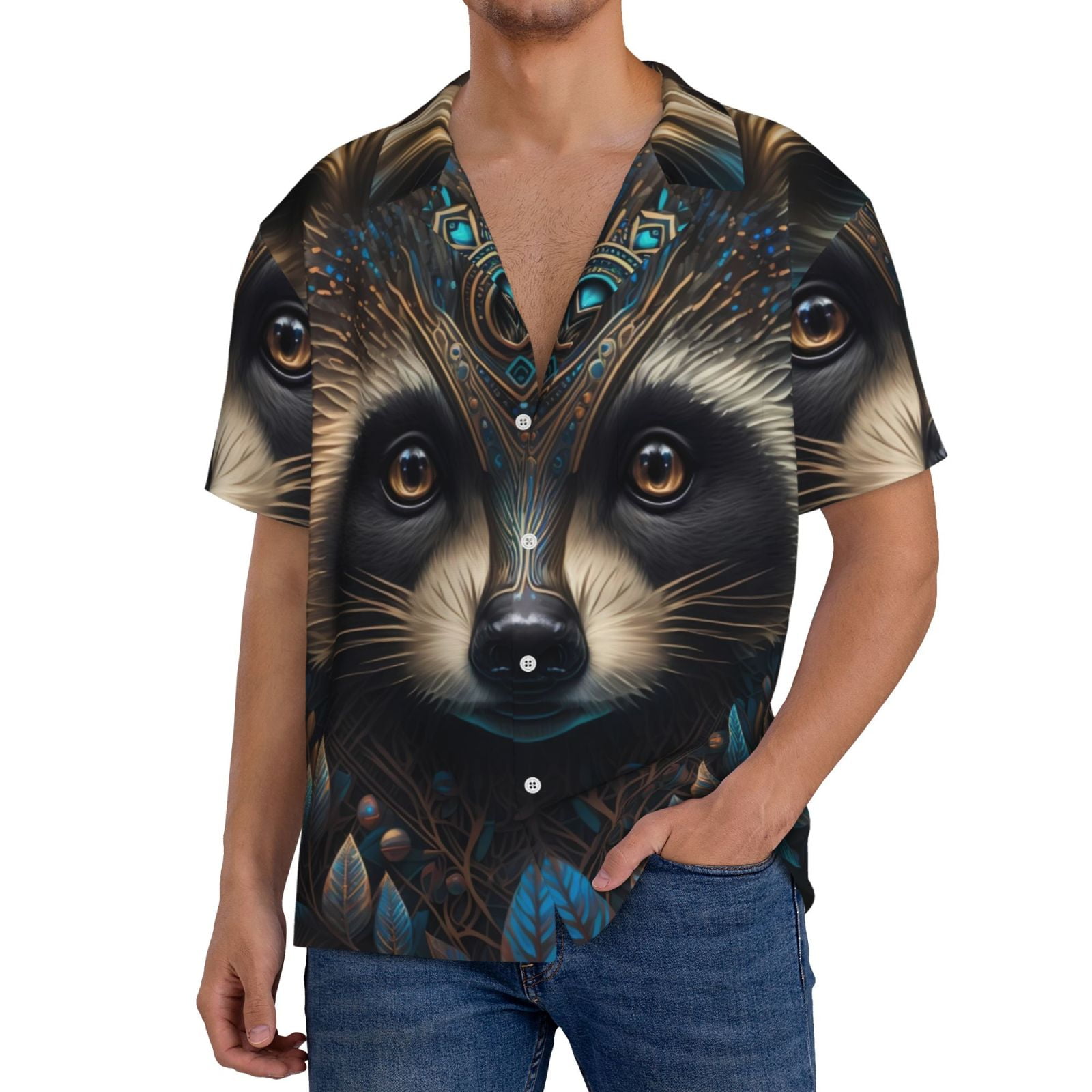 Derioi Tribal Style Raccoon for Men's Cuban Collar Short Sleeve Casual ...