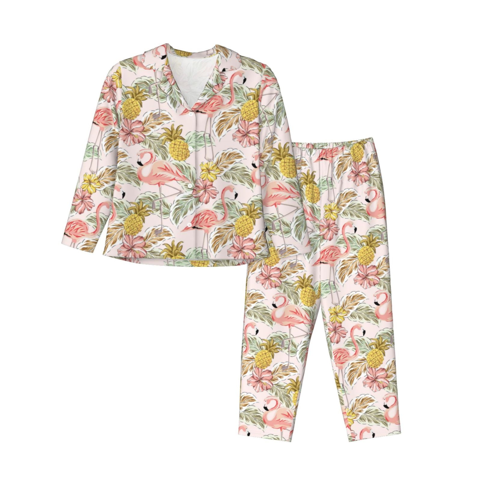 Derioi Tropical Pink Flamingo Pineapple for Button Up Pajamas for Women Women’s Sleepwear Pj ...