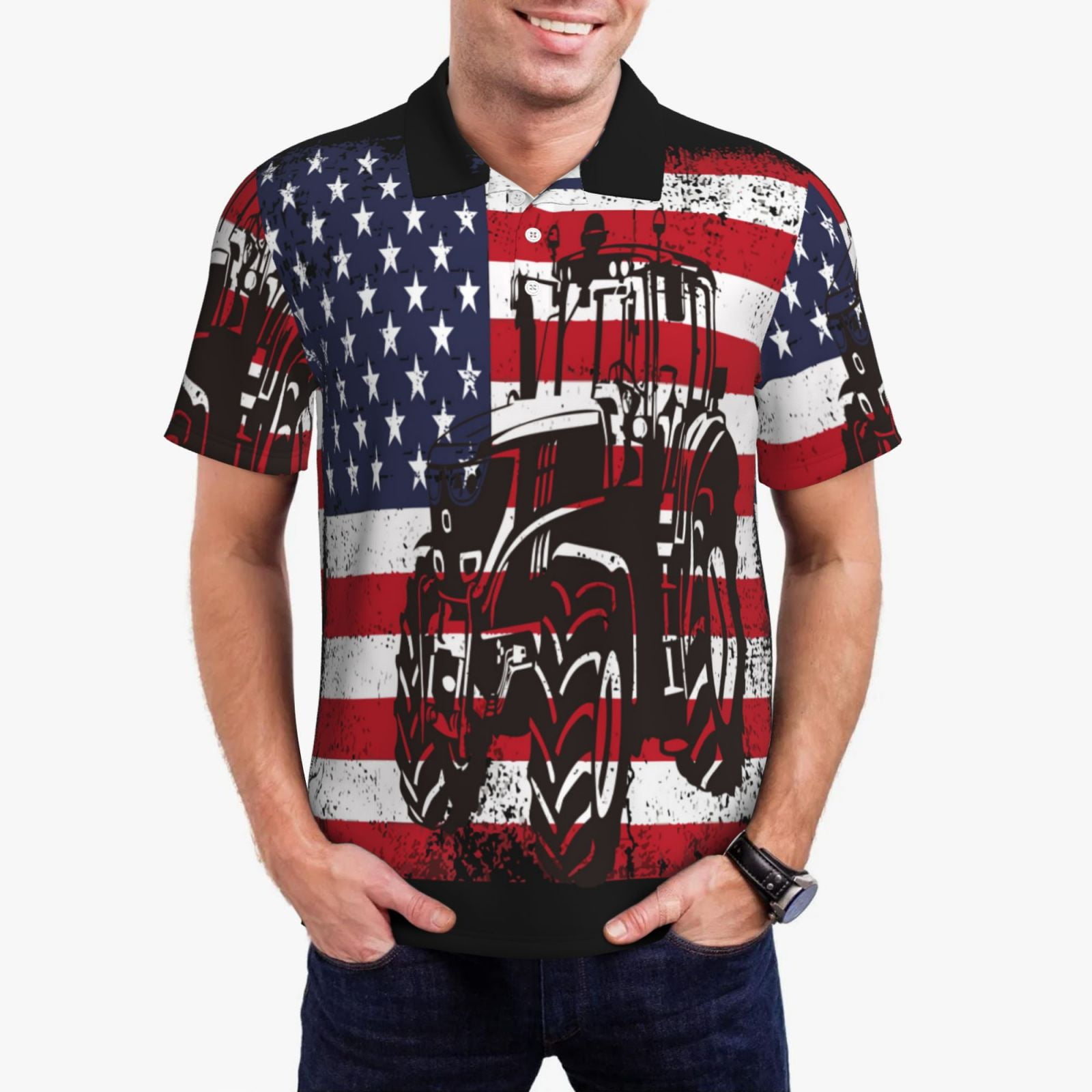 Derioi USA Vintage Flag Tractor for Men's Polo Shirts Short Sleeve Golf ...