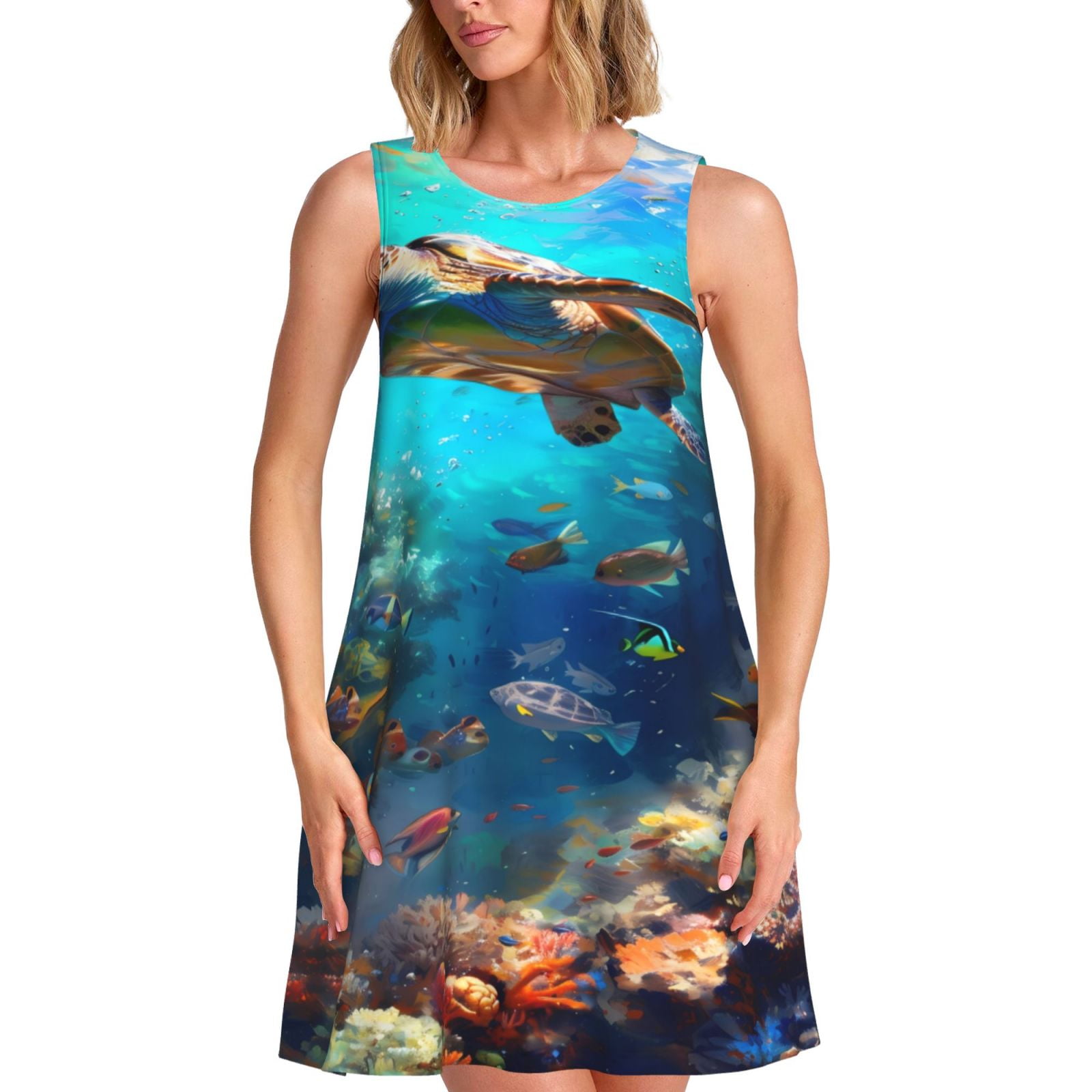 Derioi Underwater Fish Turtle For Summer Sleeveless Swing Dresses with ...