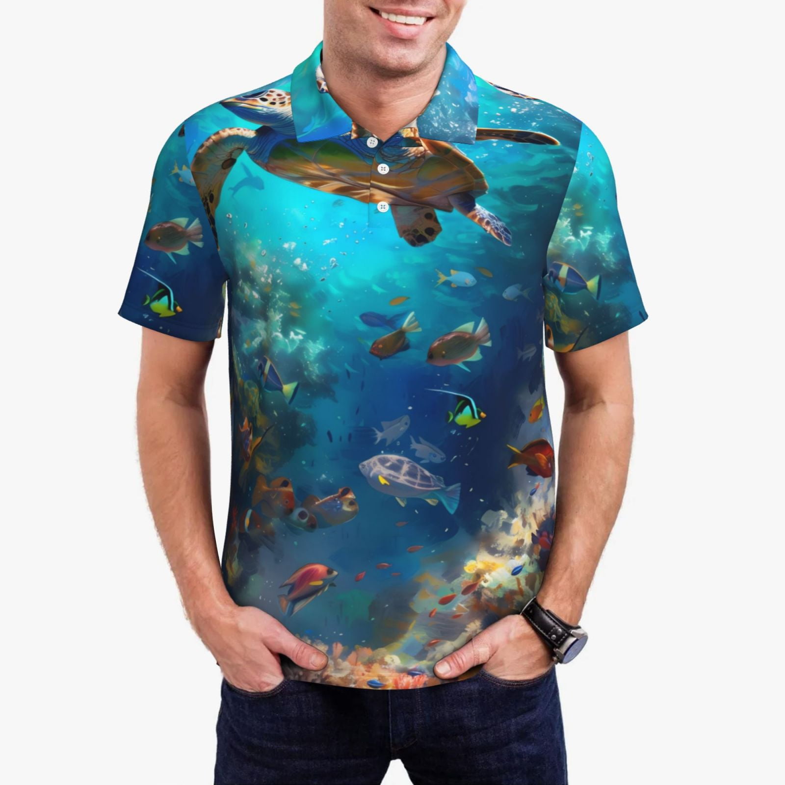 Derioi Underwater Fish Turtle for Men's Polo Shirts Short Sleeve Golf Shirt for Casual and ...