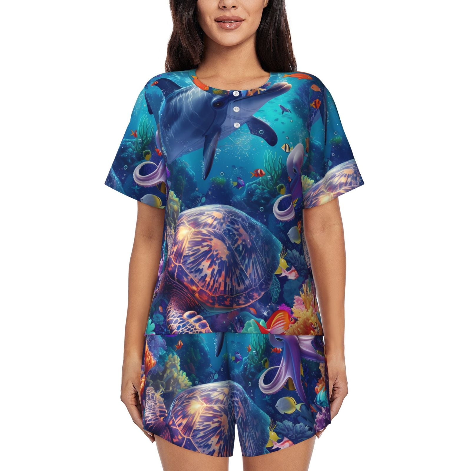 Derioi Underwater Turtle Dolphin Octopus for Women's Short-Sleeved ...