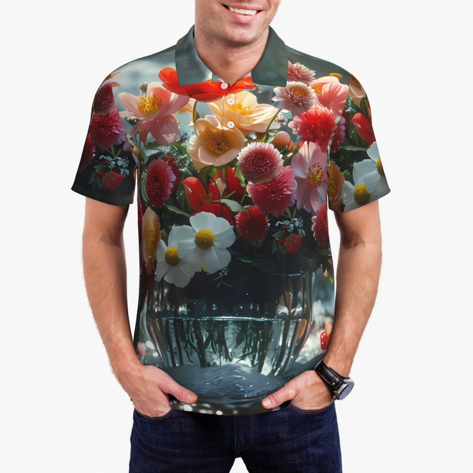 Derioi Vibrant Bouquet Waterfall for Men's Polo Shirts Short Sleeve ...