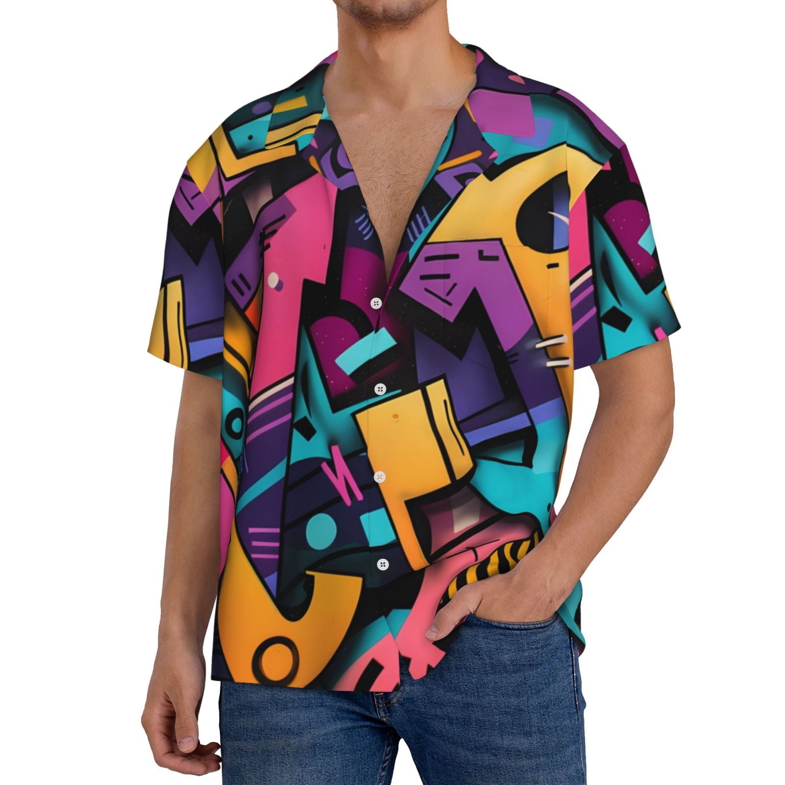 Derioi Vibrant Graffiti Urban Art for Men's Cuban Collar Short Sleeve ...