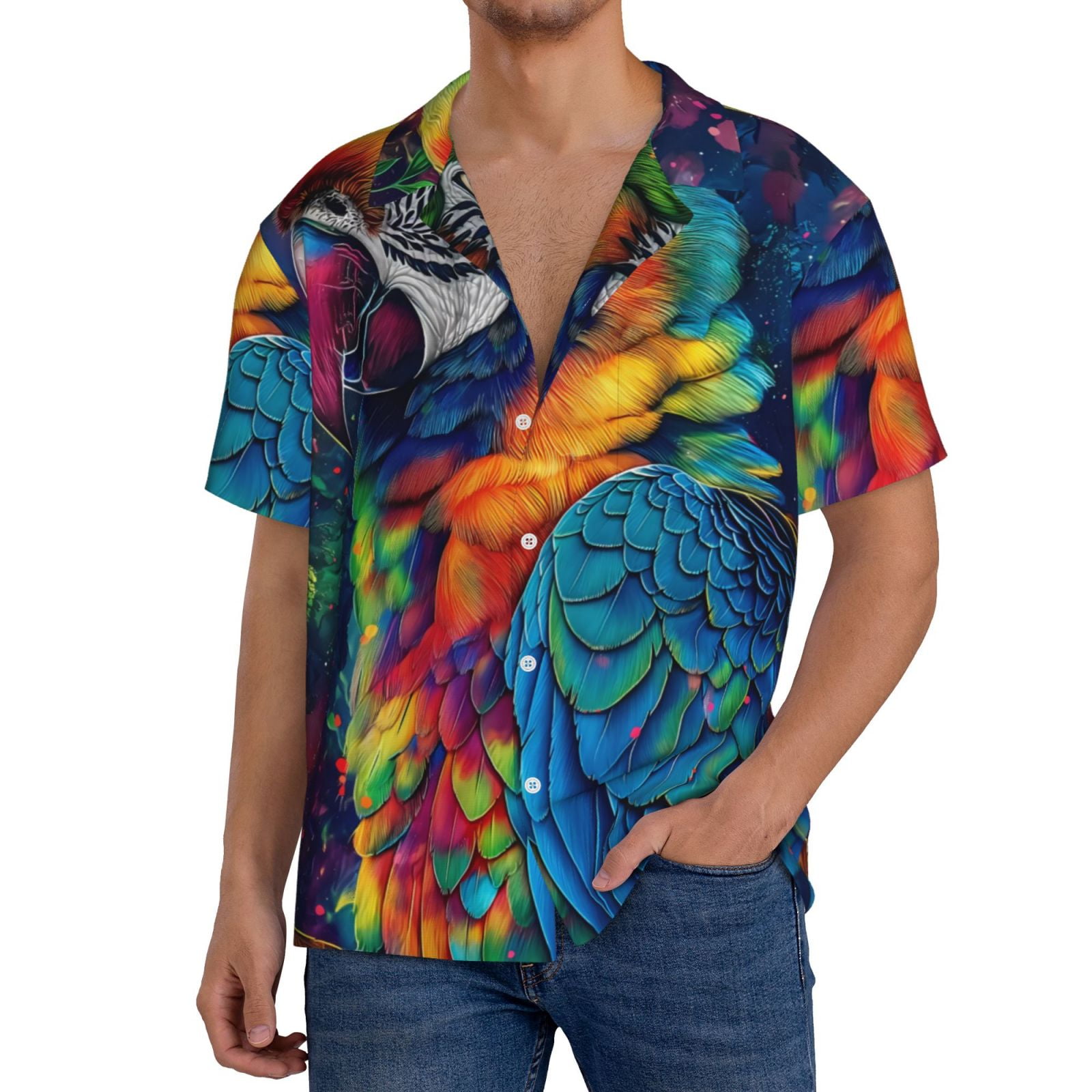 Derioi Vibrant Rainbow Parrot Fantasy for Men's Cuban Collar Short ...