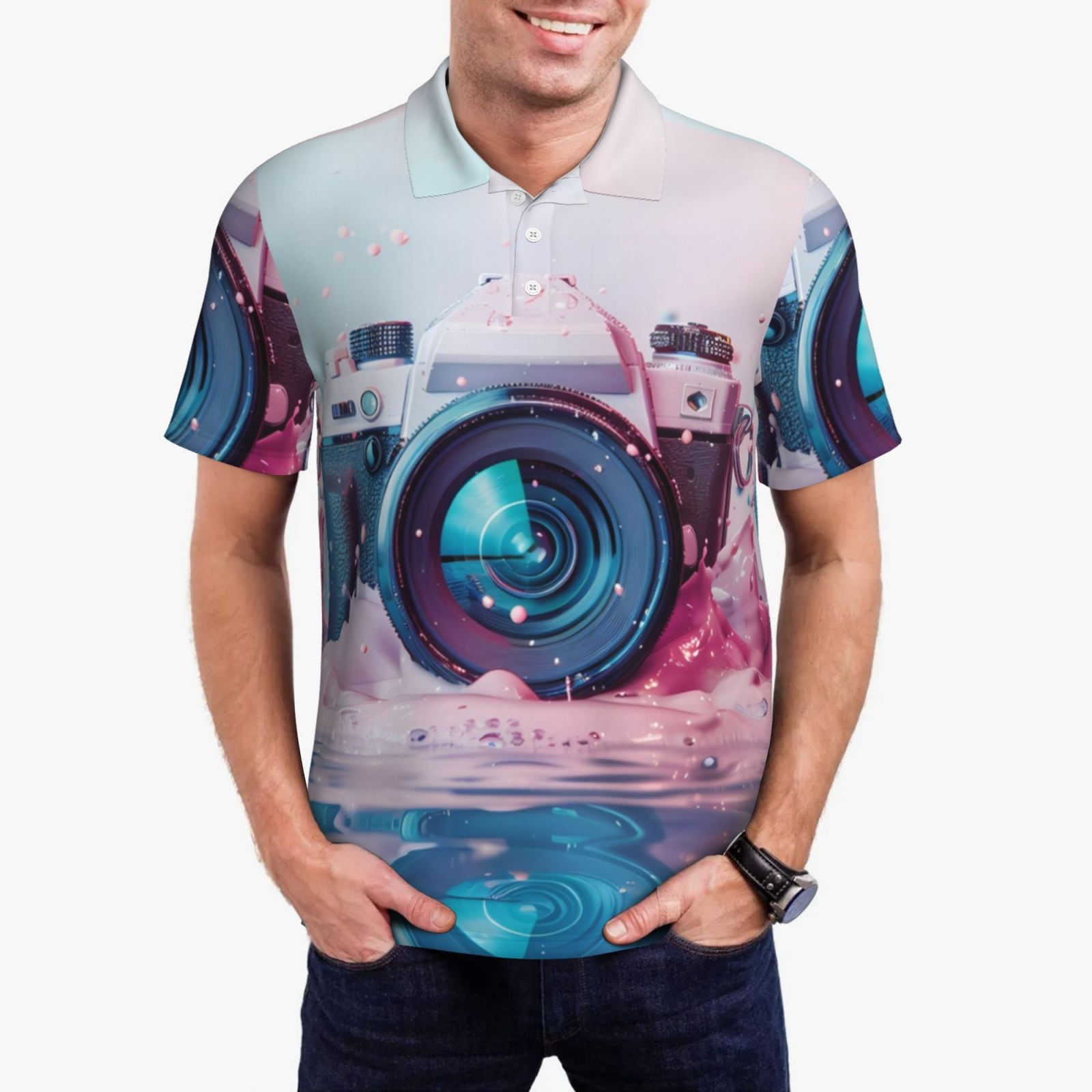 Derioi Vintage Camera Splash Art for Men's Polo Shirts Short Sleeve ...