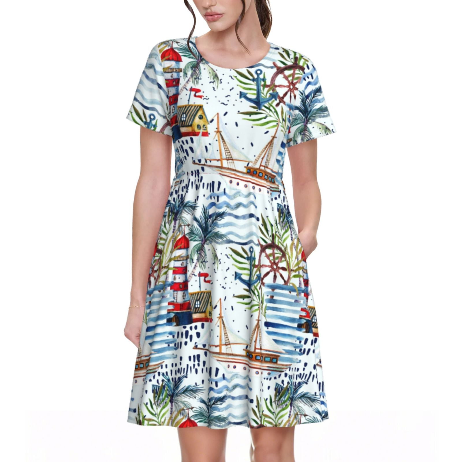 Derioi Watercolor Sailboat for Summer Short Sleeve Swing Dresses with ...