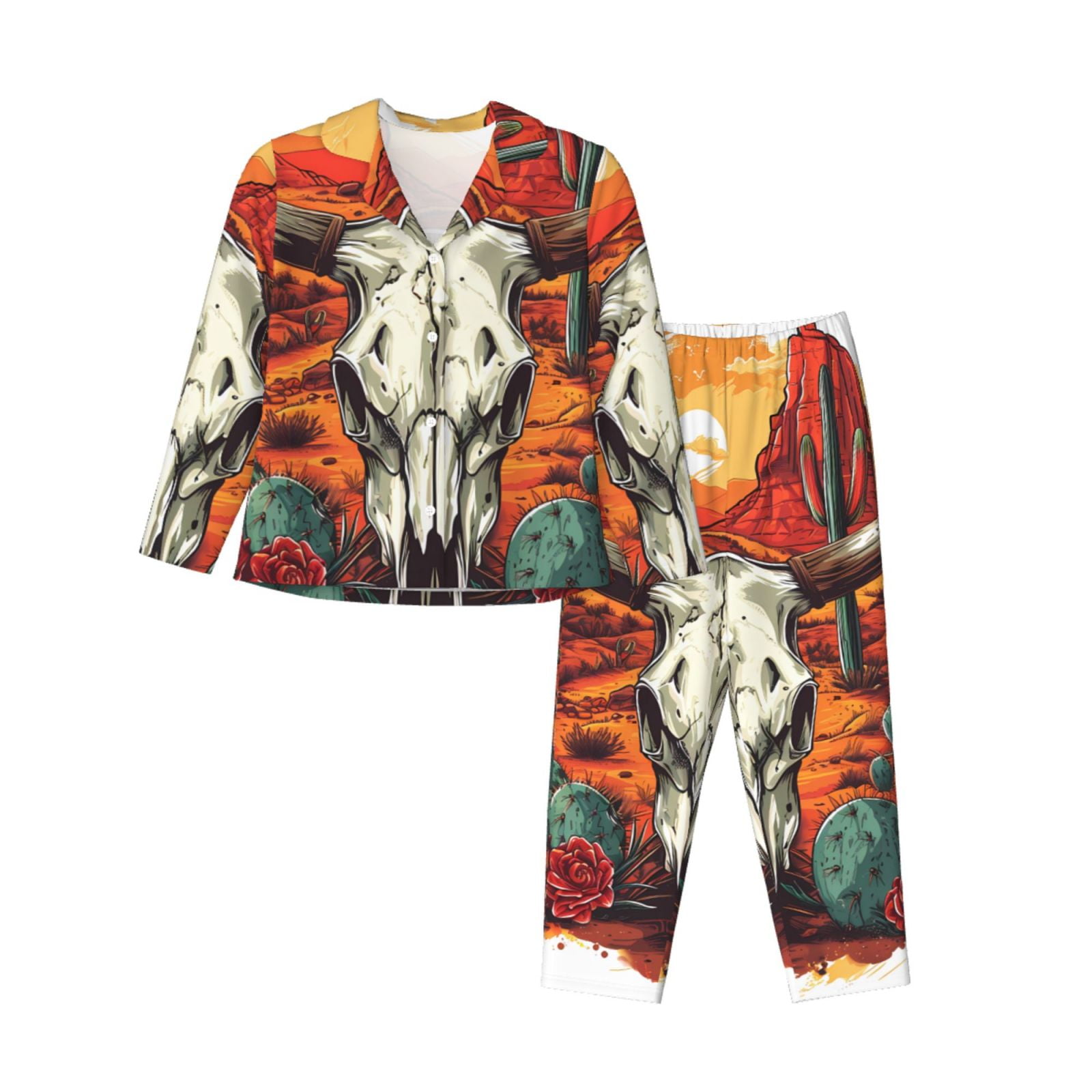 Derioi Western Desert Cactus Ram Skull for Button Up Pajamas for Women ...