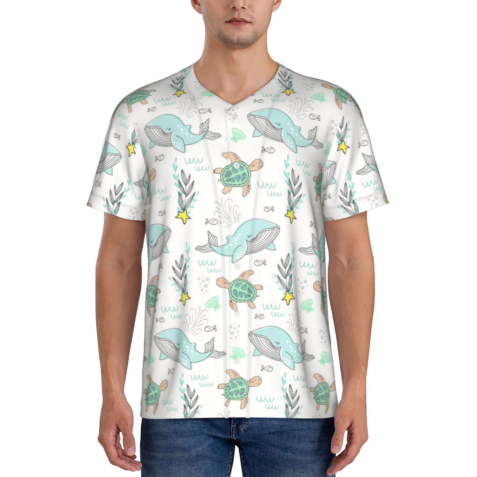 Derioi Whale And Turtle for Men's Baseball T-shirt Short Sleeves Button ...