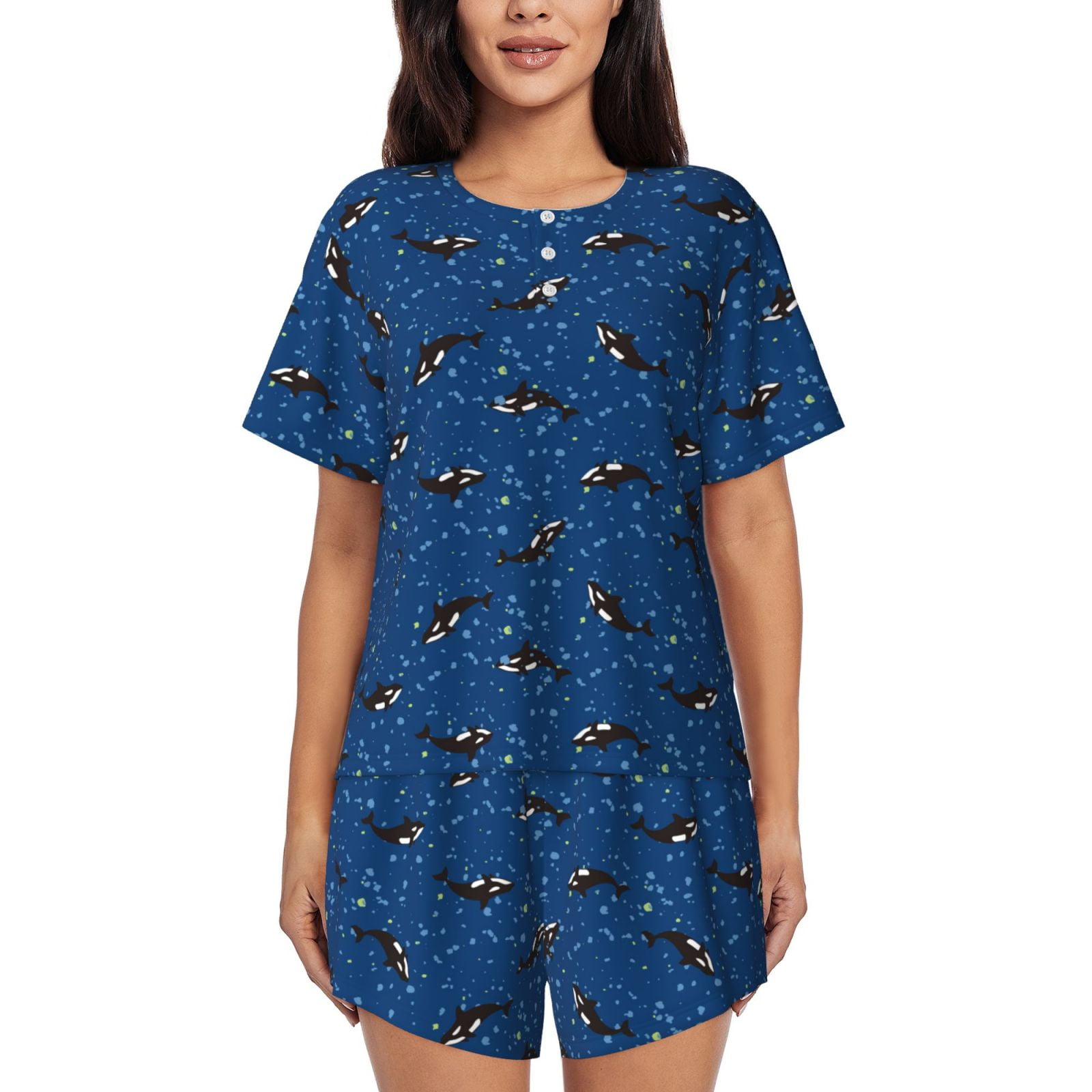 Derioi Whales Swim for Women's Short-Sleeved Pajama 2 Piece Shorts ...