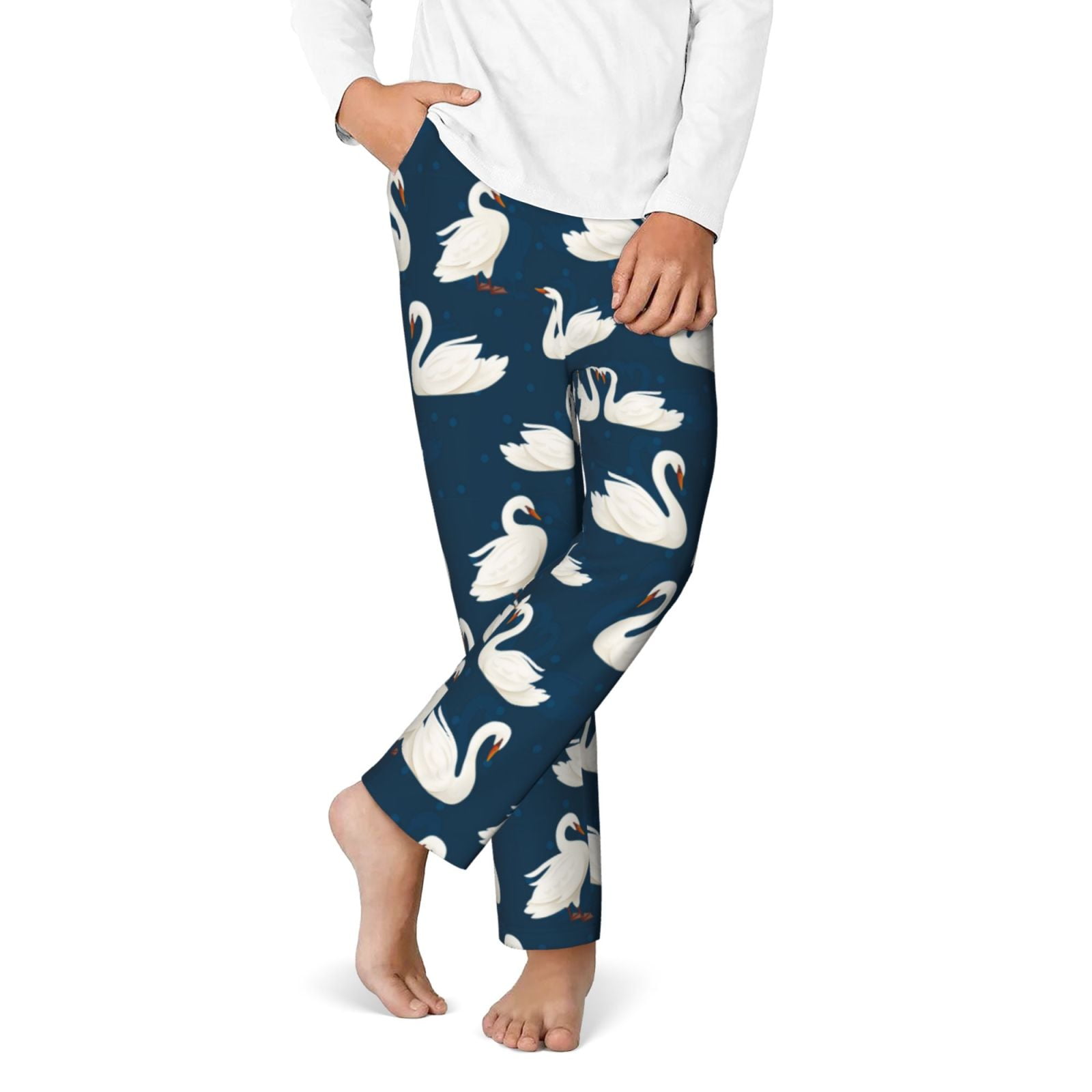 Derioi White Swam for Pajama Pants Men Elastic Waistband Sleep Pajama ...