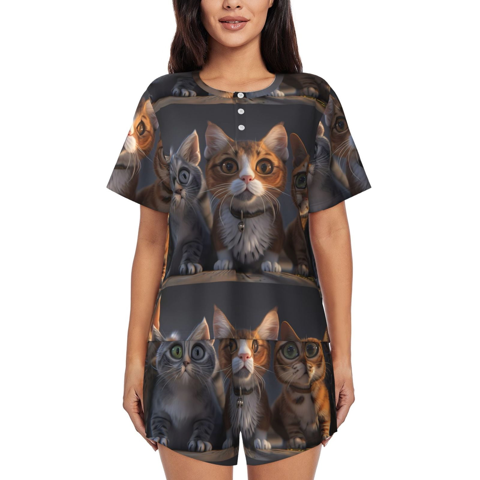 Derioi Wide Eyed Cartoon Cats for Women's Short-Sleeved Pajama 2 Piece Shorts Sleepwear Round ...