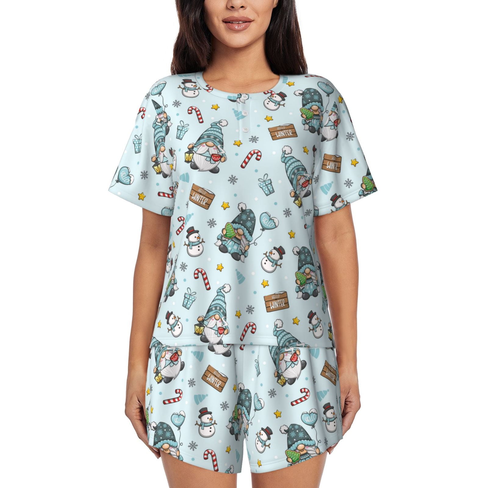 Derioi Winter Wonderland Light Blue for Women's Short-Sleeved Pajama 2 ...