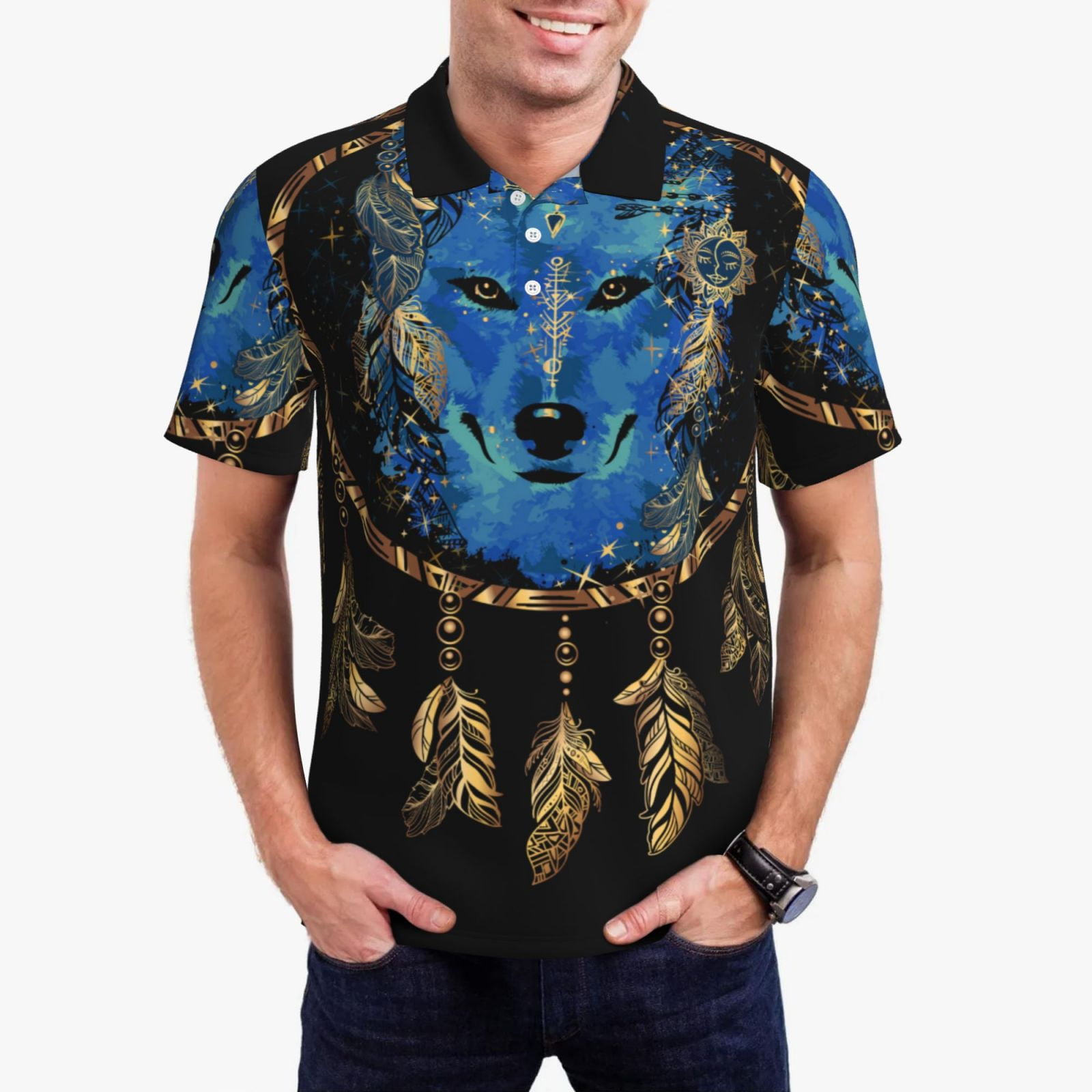 Derioi Wolf Head And Dreamcatcher for Men's Polo Shirts Short Sleeve ...