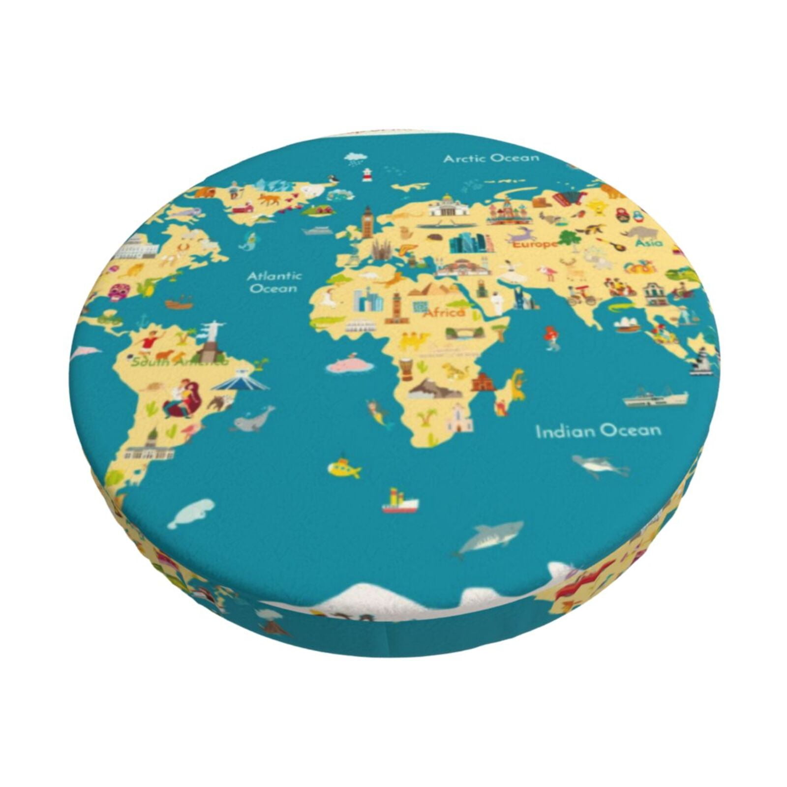 Derioi World Map With Landmarks for Round Bar Chair Cushion Cover Round ...