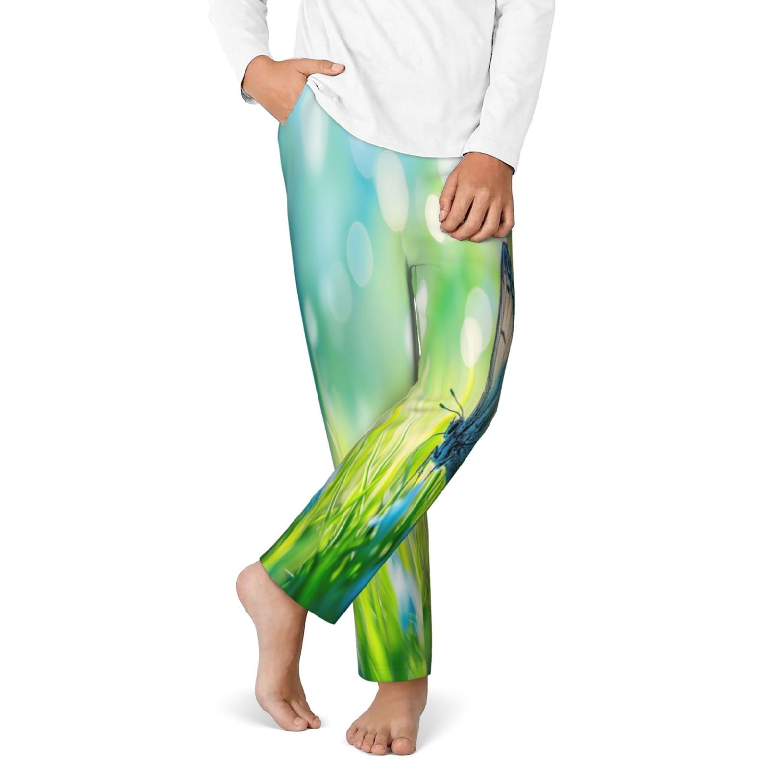 Derioi green grass and butterfly for Pajama Pants Men Elastic Waistband ...