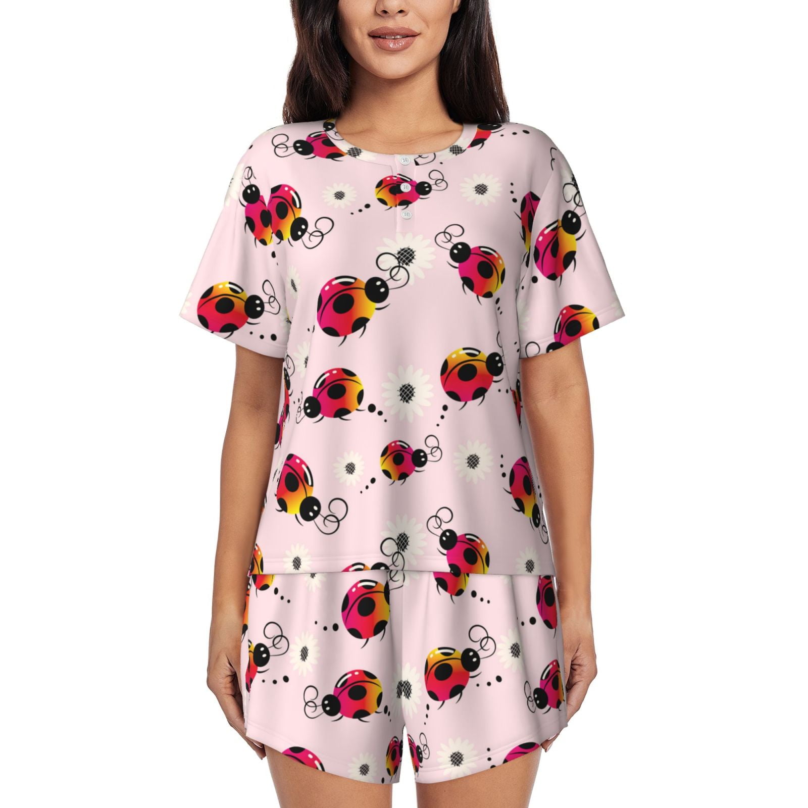 Derioi ladybugs and flower for Women's Short-Sleeved Pajama 2 Piece ...