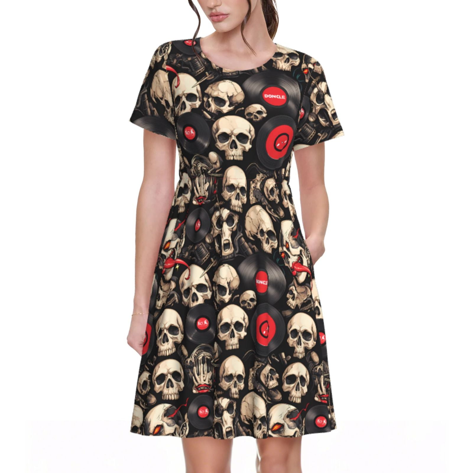 Derioi rock record Skull for Summer Short Sleeve Swing Dresses with ...