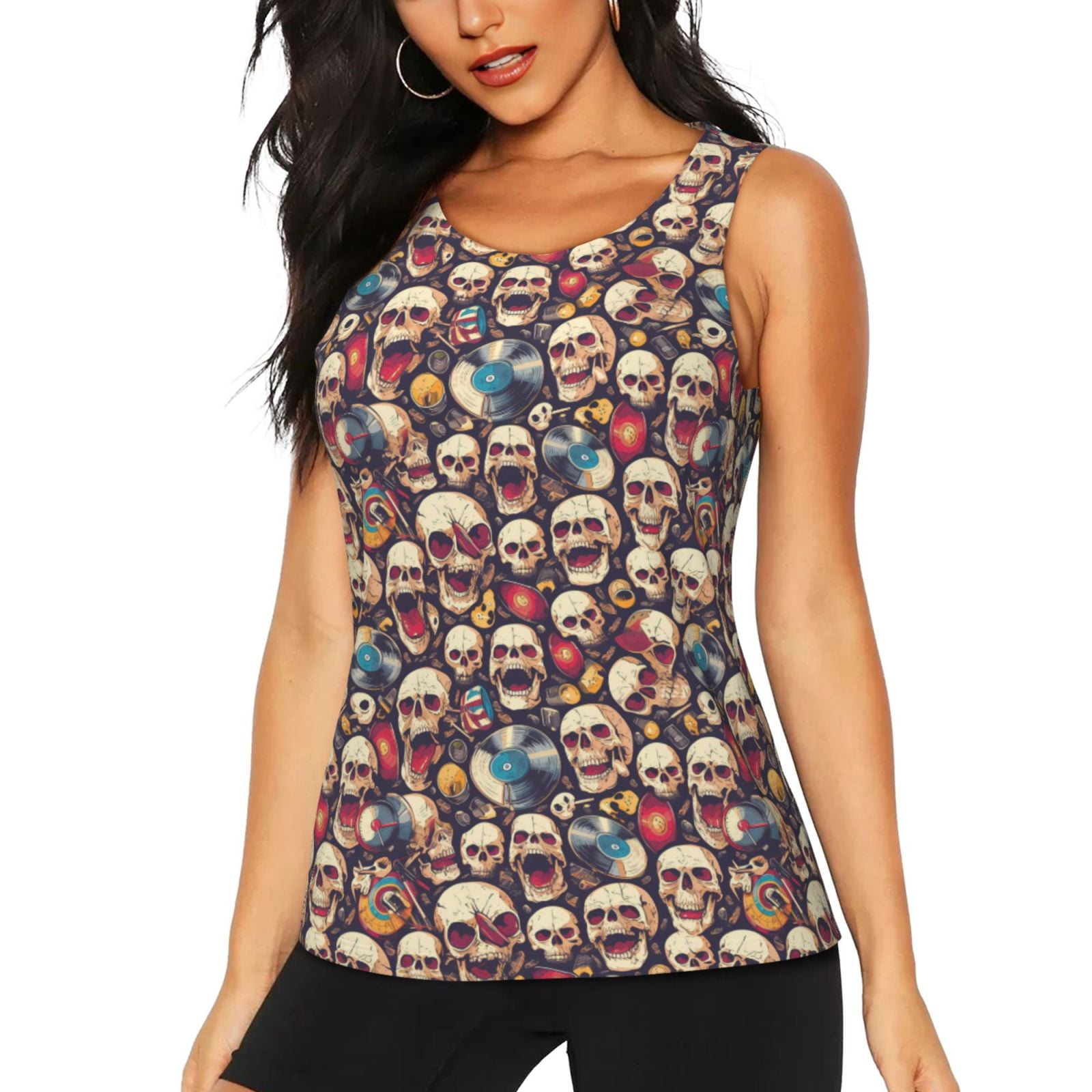 Derioi rock record music Skull for Workout Tops for Women Scoop ...