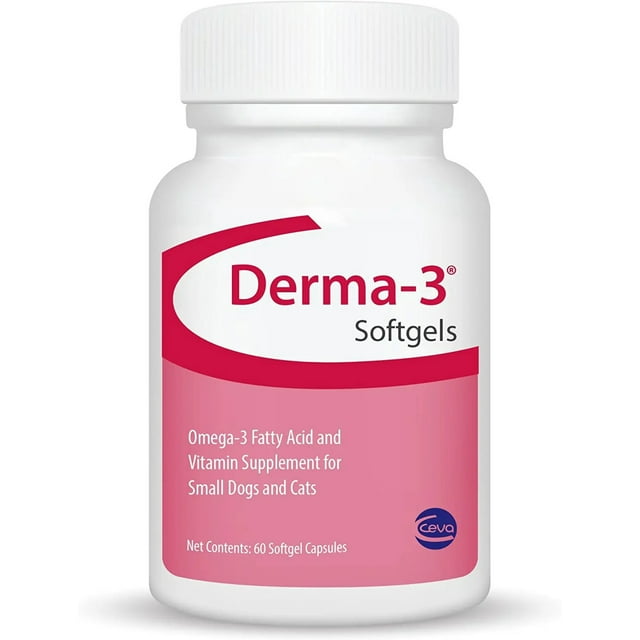 Derma-3 Omega-3 Softgels for Small Dogs & Cats, 60 Caps, Supports Skin ...