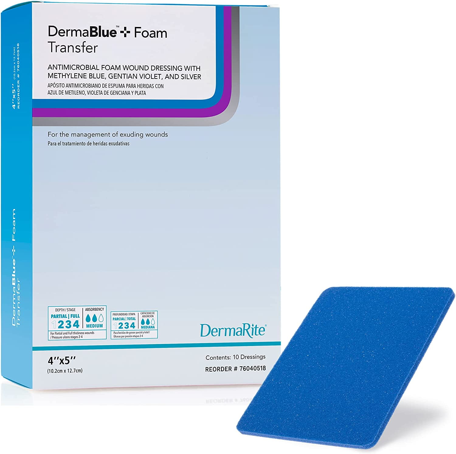 DermaBlue+ Antimicrobial Foam Wound Dressing 4" x 5" x 1/4 ...