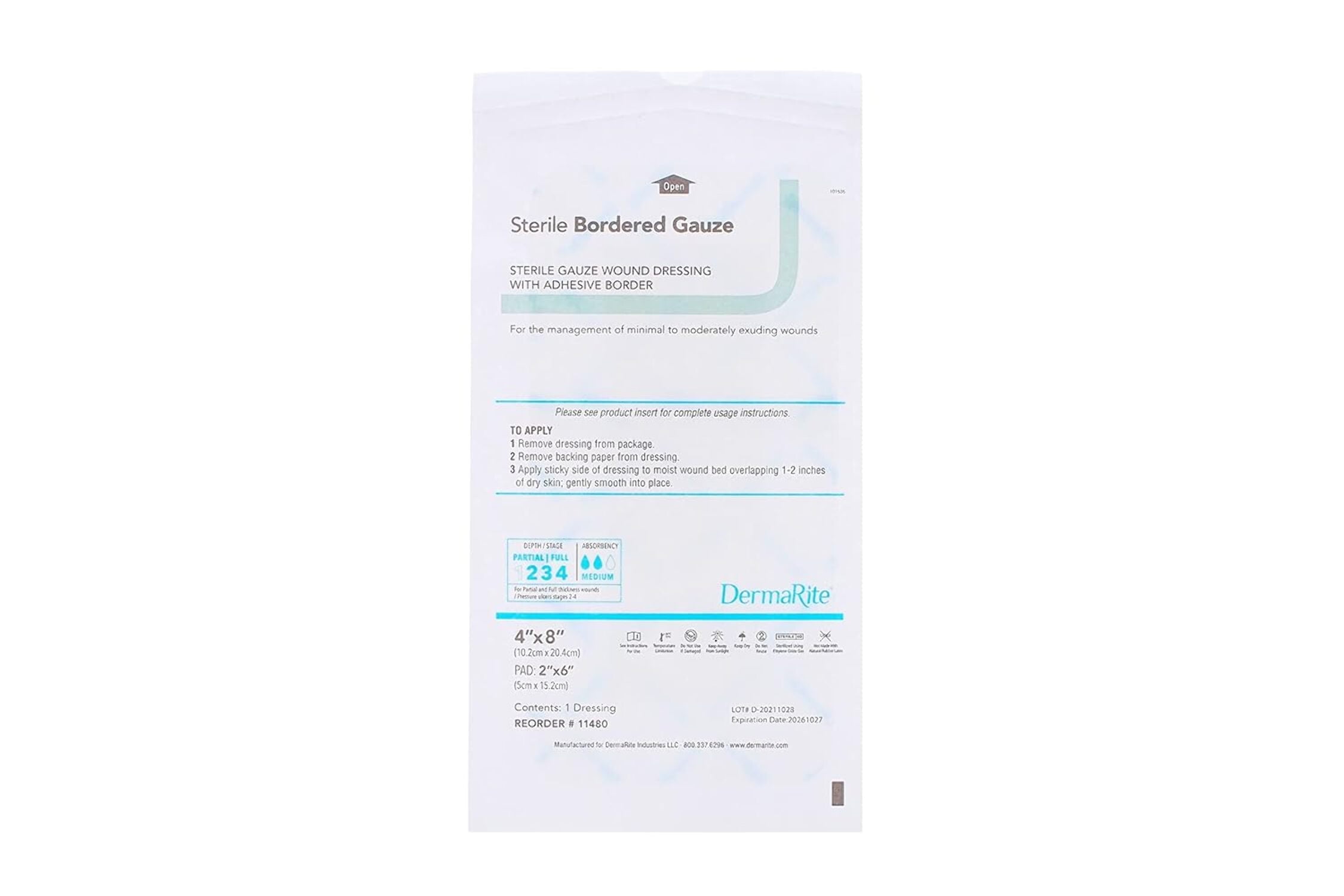 DermaRite Large Wound Care Dressings, Bordered Gauze Adhesive, 4 X 8 Inch, Sterile, 25 Count ...