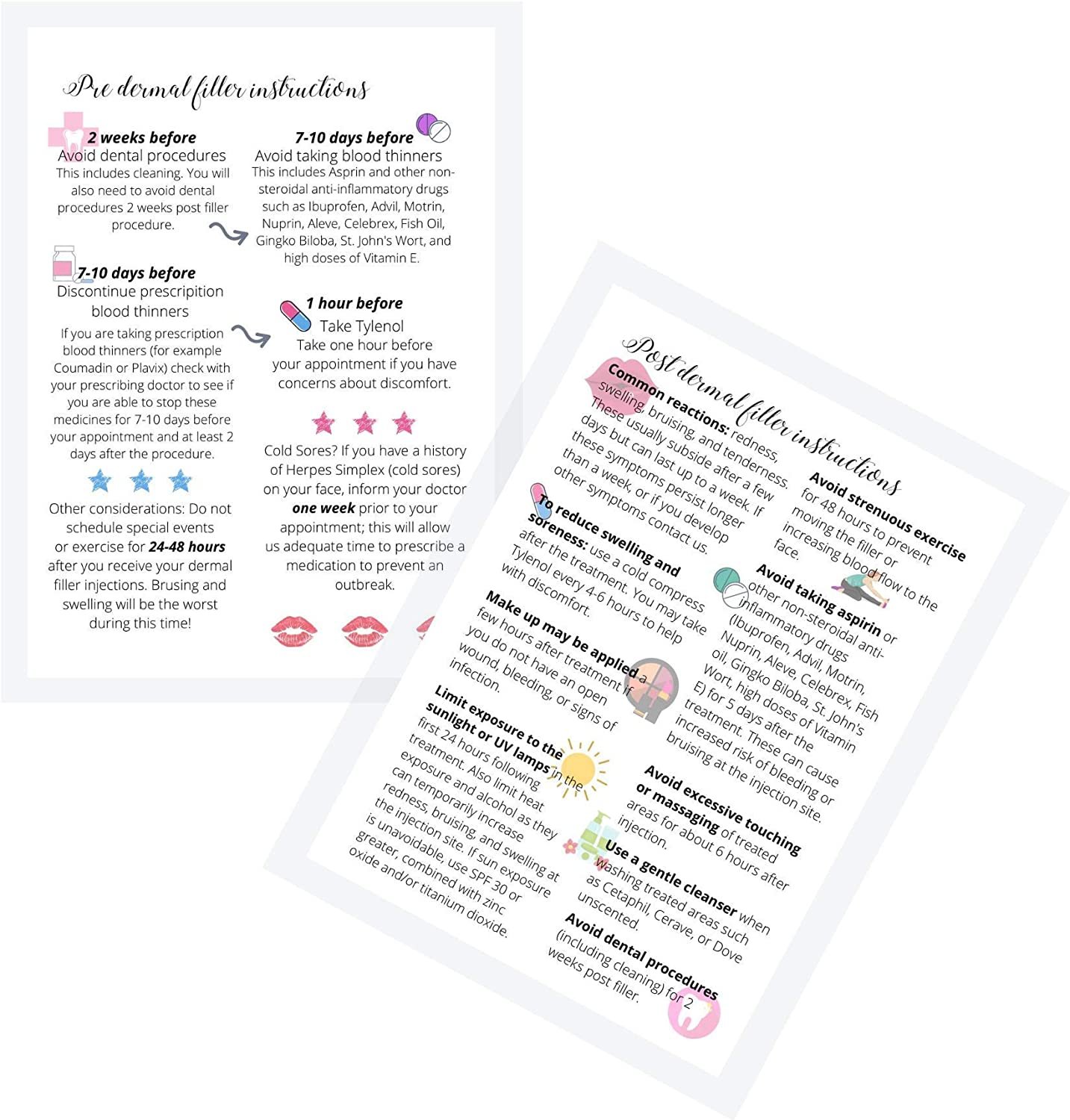 Dermal Filler Pre and Post Injection Care Instructions Card 30 Pack 5x7 ...