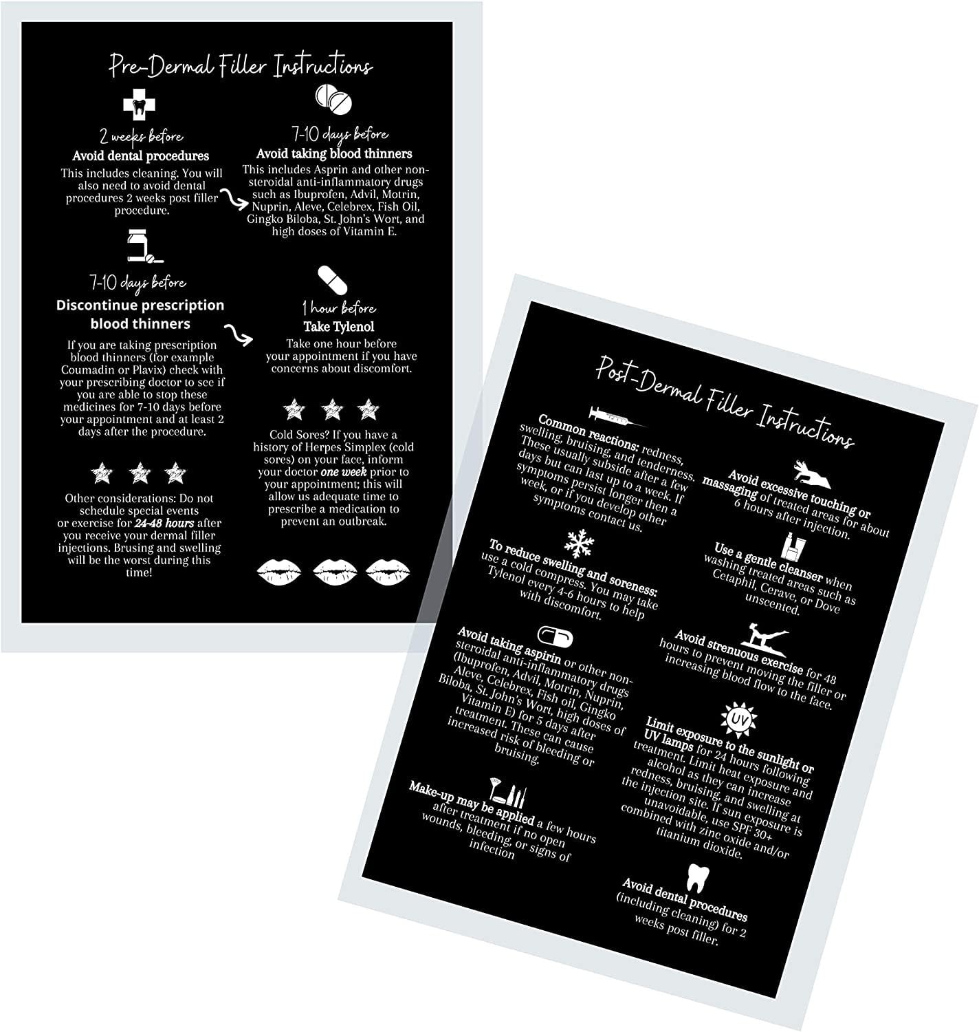 Dermal Filler Pre and Post Injection Care Instructions Card 30 Pack 5x7 ...