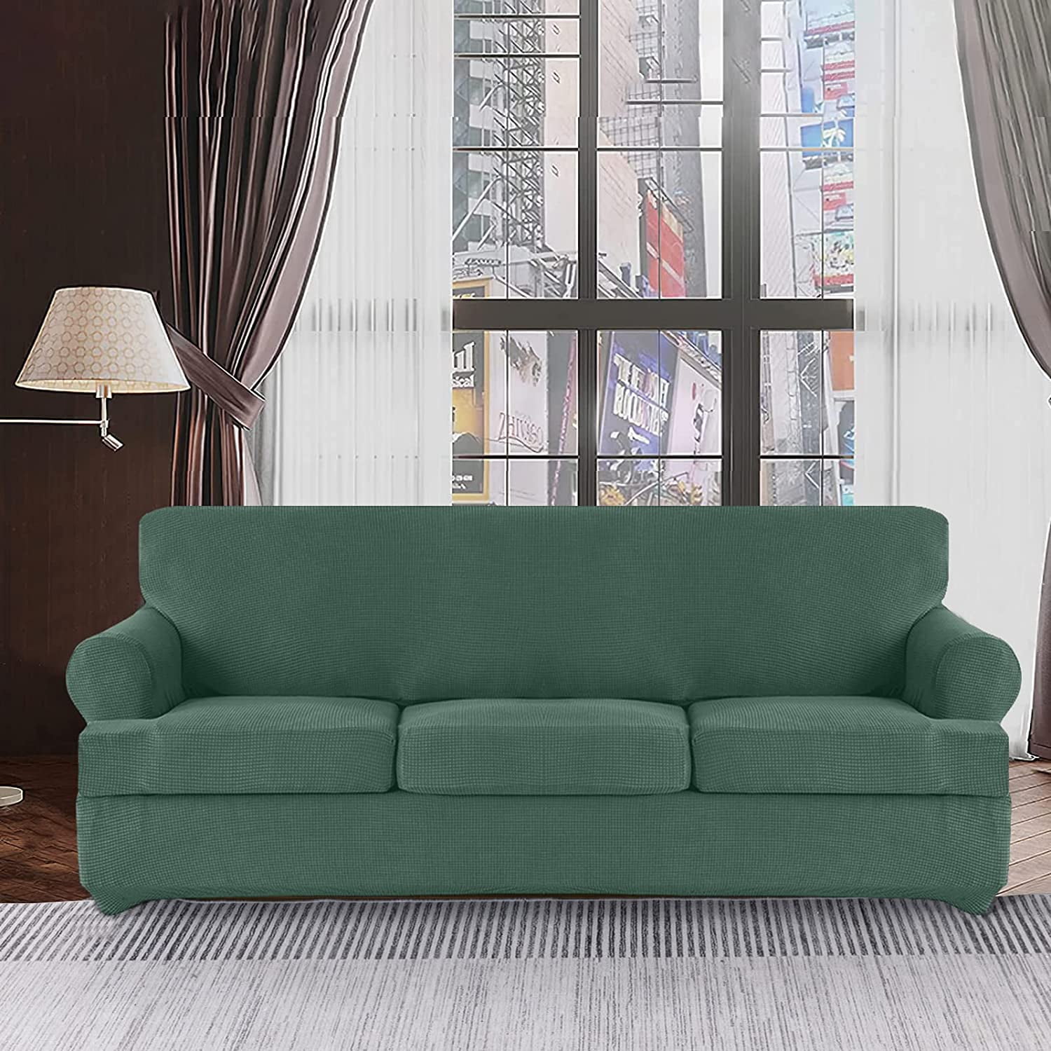 4pc Stretch T Cushion Sofa & Seat Cover Set, Washable, Dog-Proof, Elastic Bottom (Sofa, Cyan ...