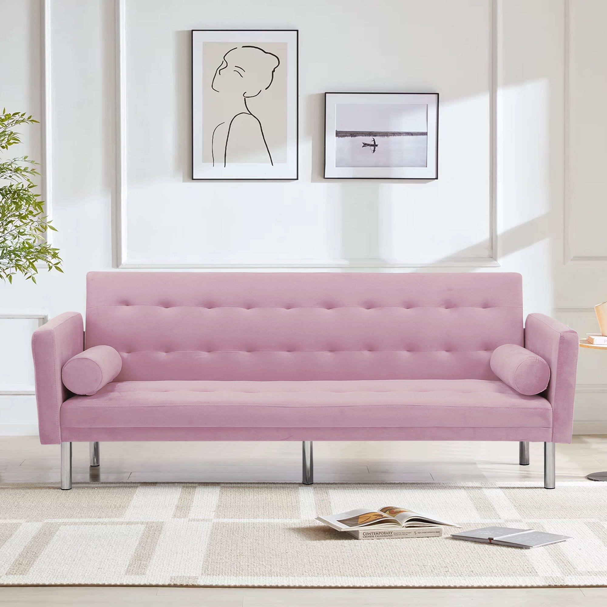 "Pink Velvet Futon Sofa Bed, 68.5"" Convertible Couch with 2 Pillows ...
