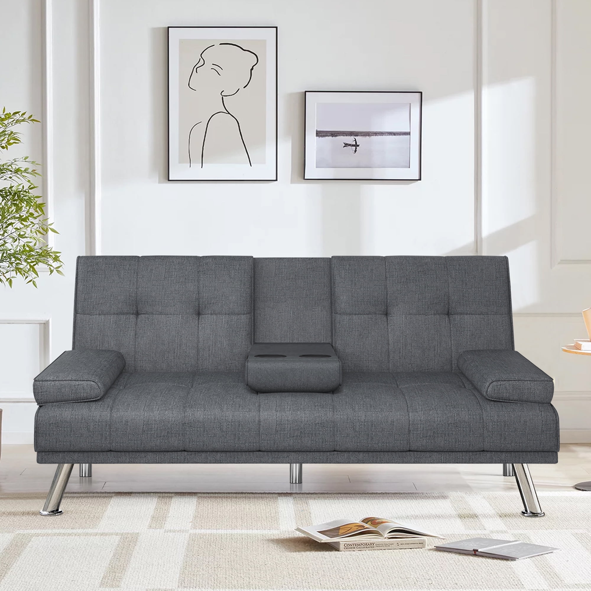 Derzers Modern Futon Sofa Beds Linen Convertible Futon Sofa w ...