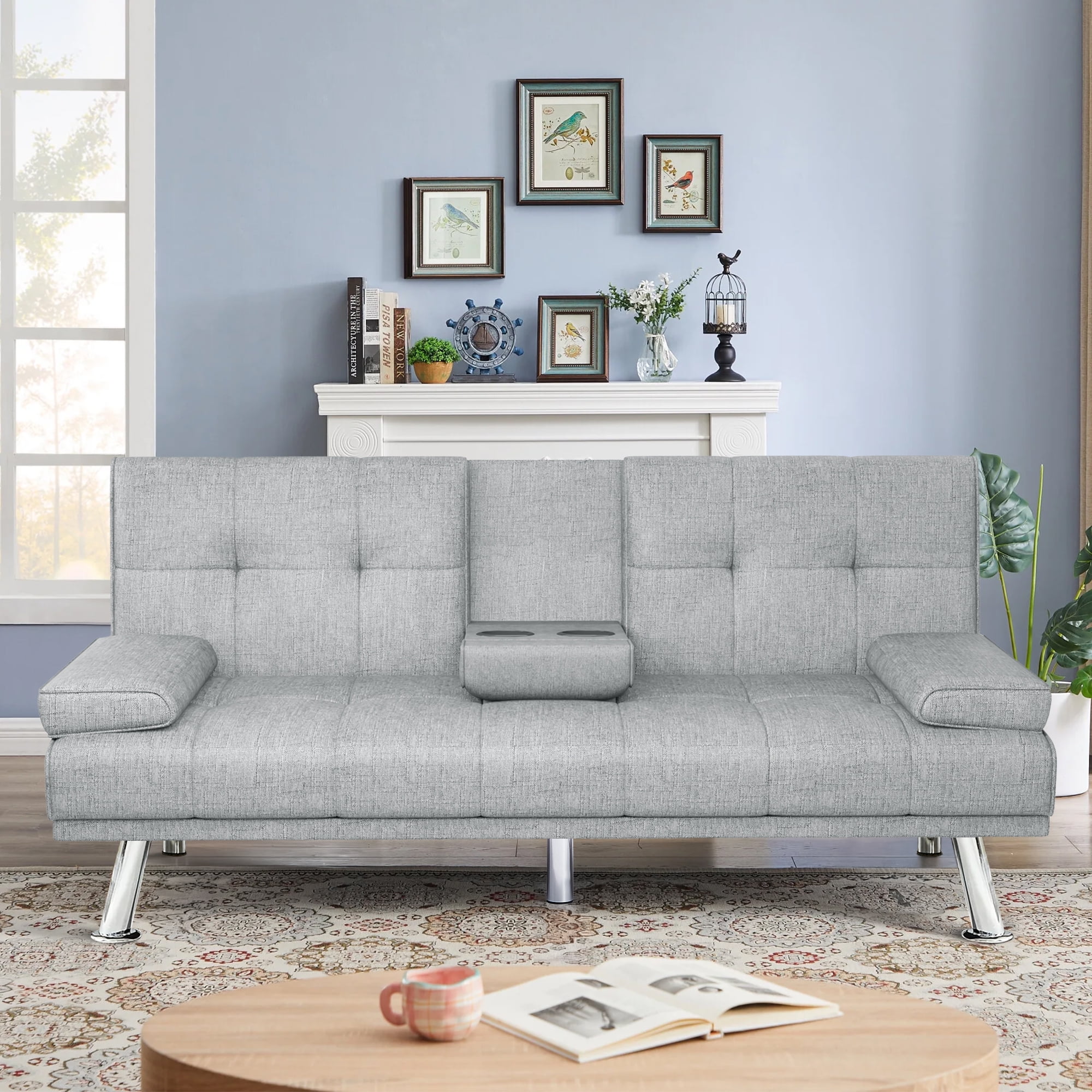 Derzers Modern Wood Convertible Futon Frame with Cupholders, Light Gray ...