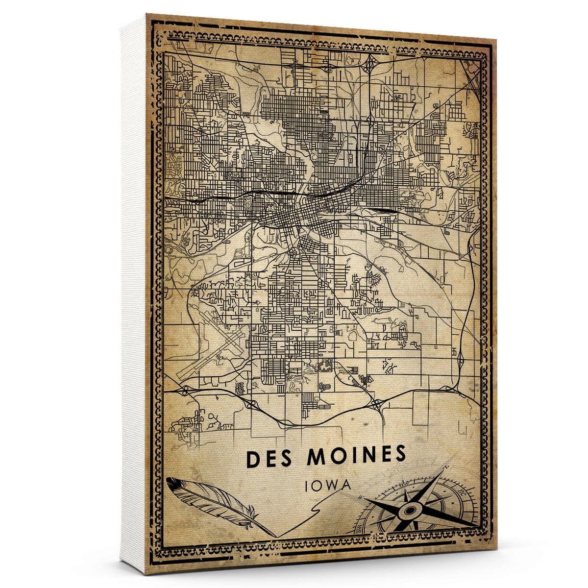 Des Moines Vintage Map Prints Canvas, Iowa Map Art Canvas, Canvas, Des ...
