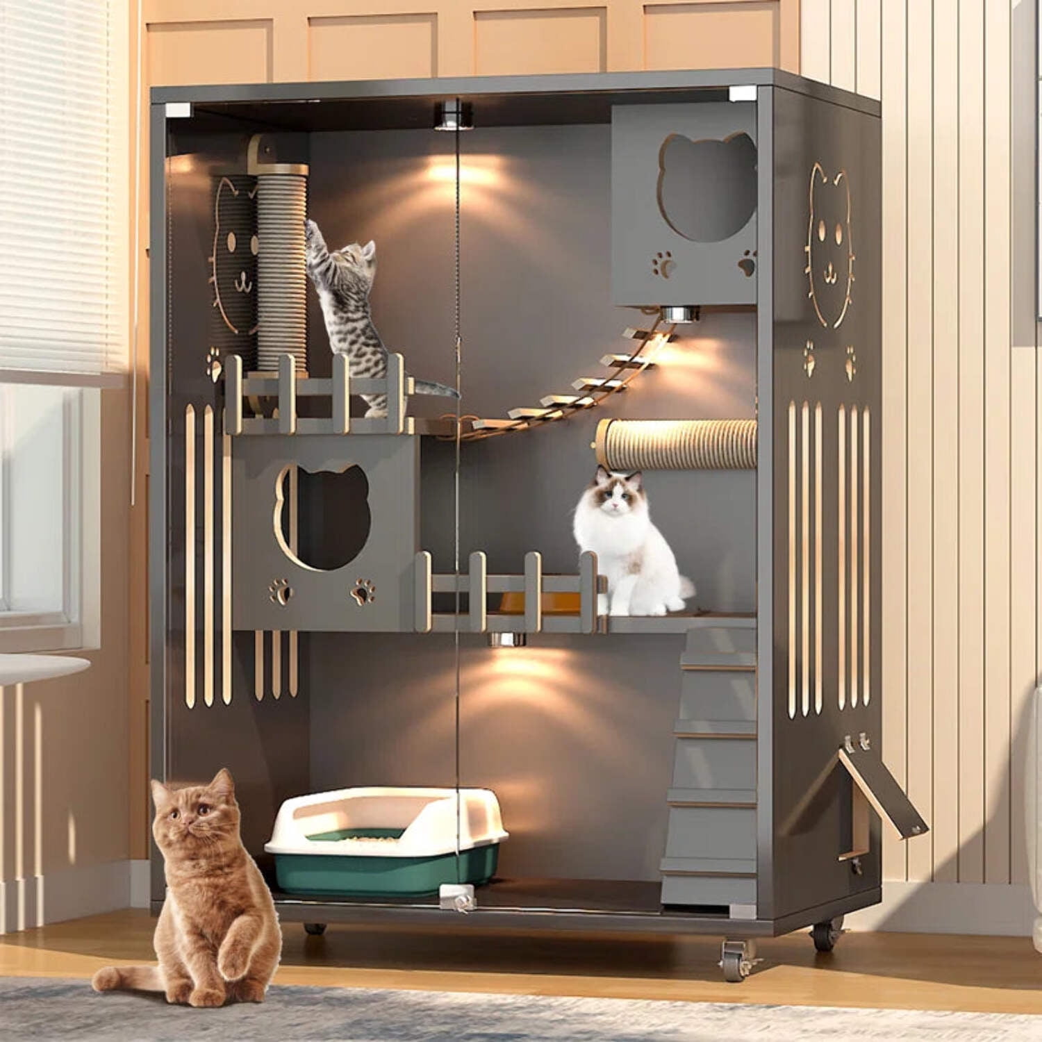 Desara Wooden Cat Villa, Large Cat Enclosure, Indoor Enclosed Cat House ...