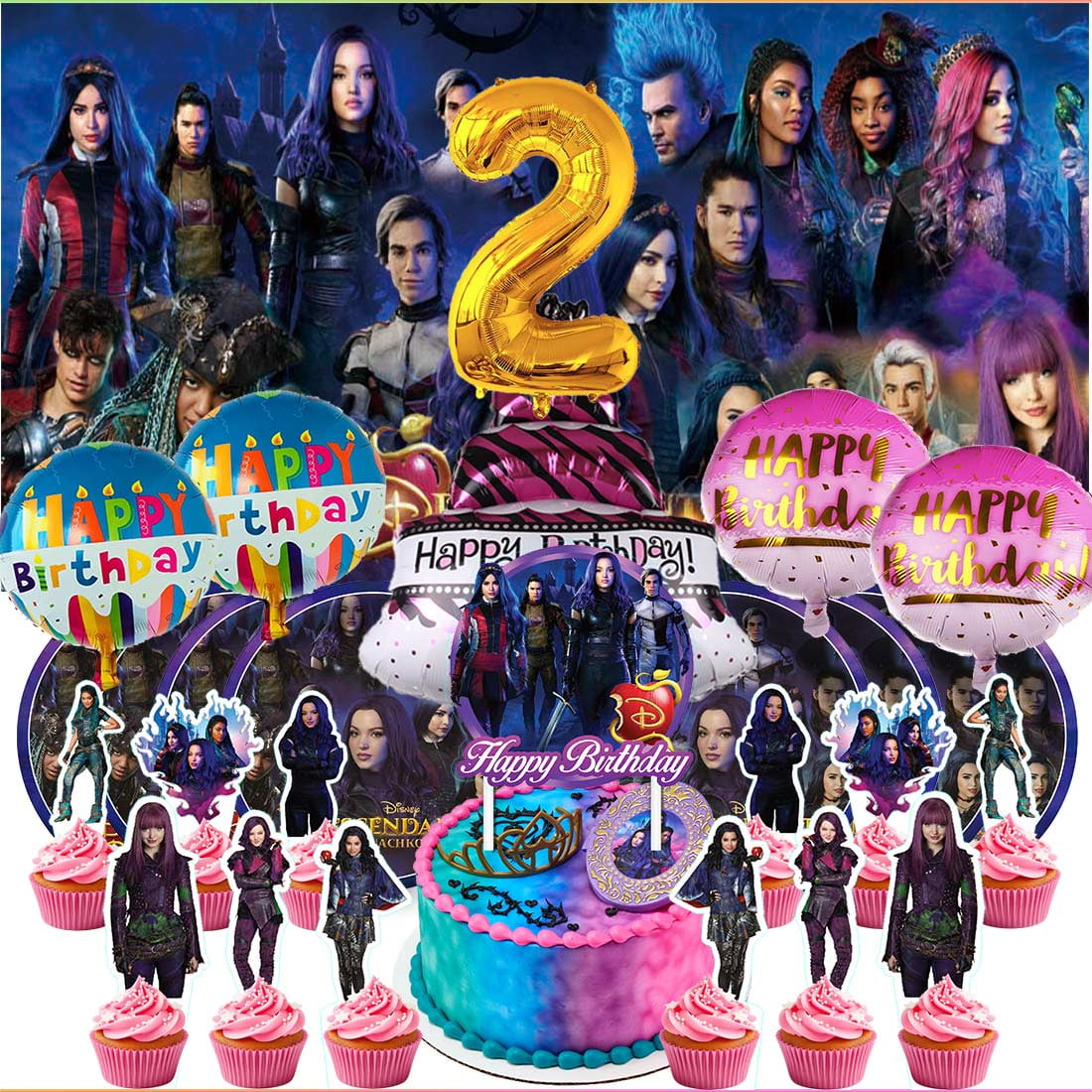 Descendants 2nd Tableware Balloons Cake Toppers Backdrop Banner ...