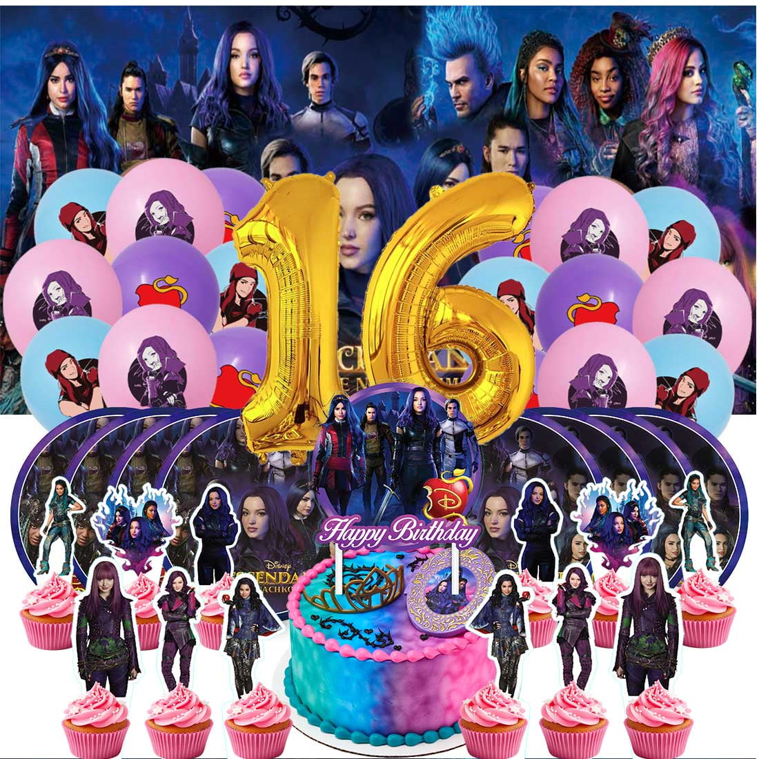 Descendants Balloons Party Supplies 16th Decor Tableware Birthday Cake ...