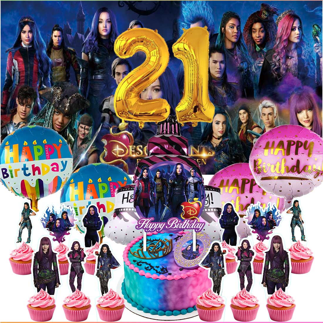 Descendants Party Supplies Decor 21th Kit Balloons Birthday Cake Topper ...