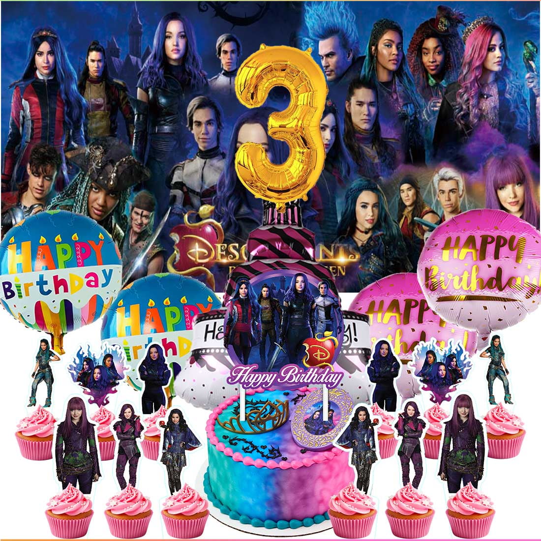 Descendants Party Supplies Decor 3rd Kit Balloons Birthday Cake Topper ...