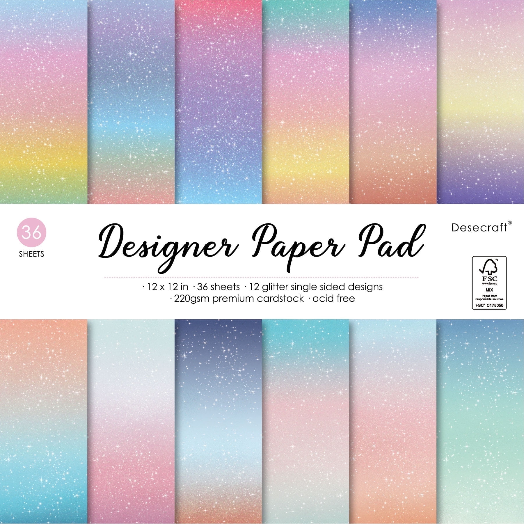 Desecraft 36 Sheets 12x12 Glitter Shining Pastel Cardstock Scrapbook ...