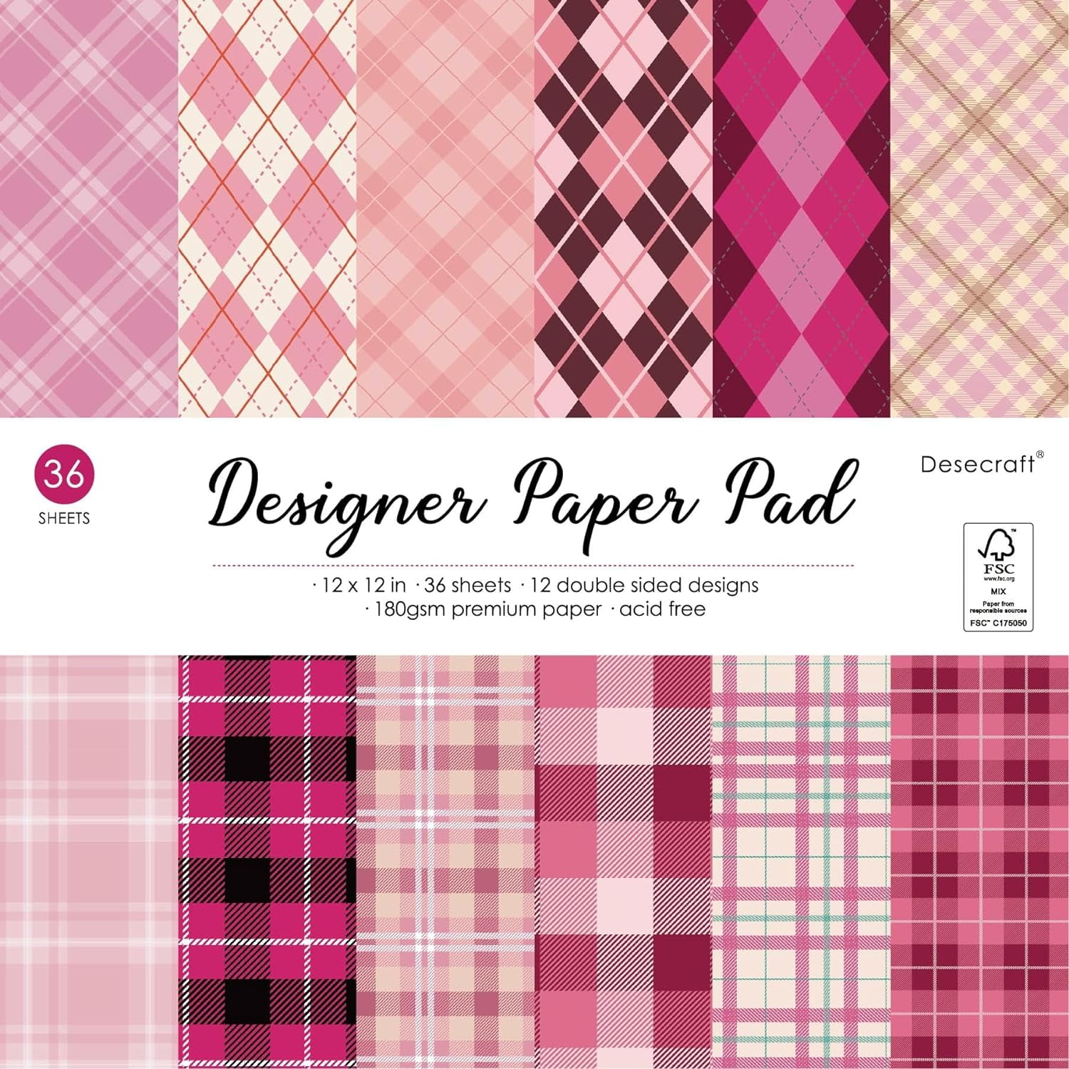 Desecraft Pink Plaid 12x12 in Double Sided Paper Pad Pack Scrapbook ...