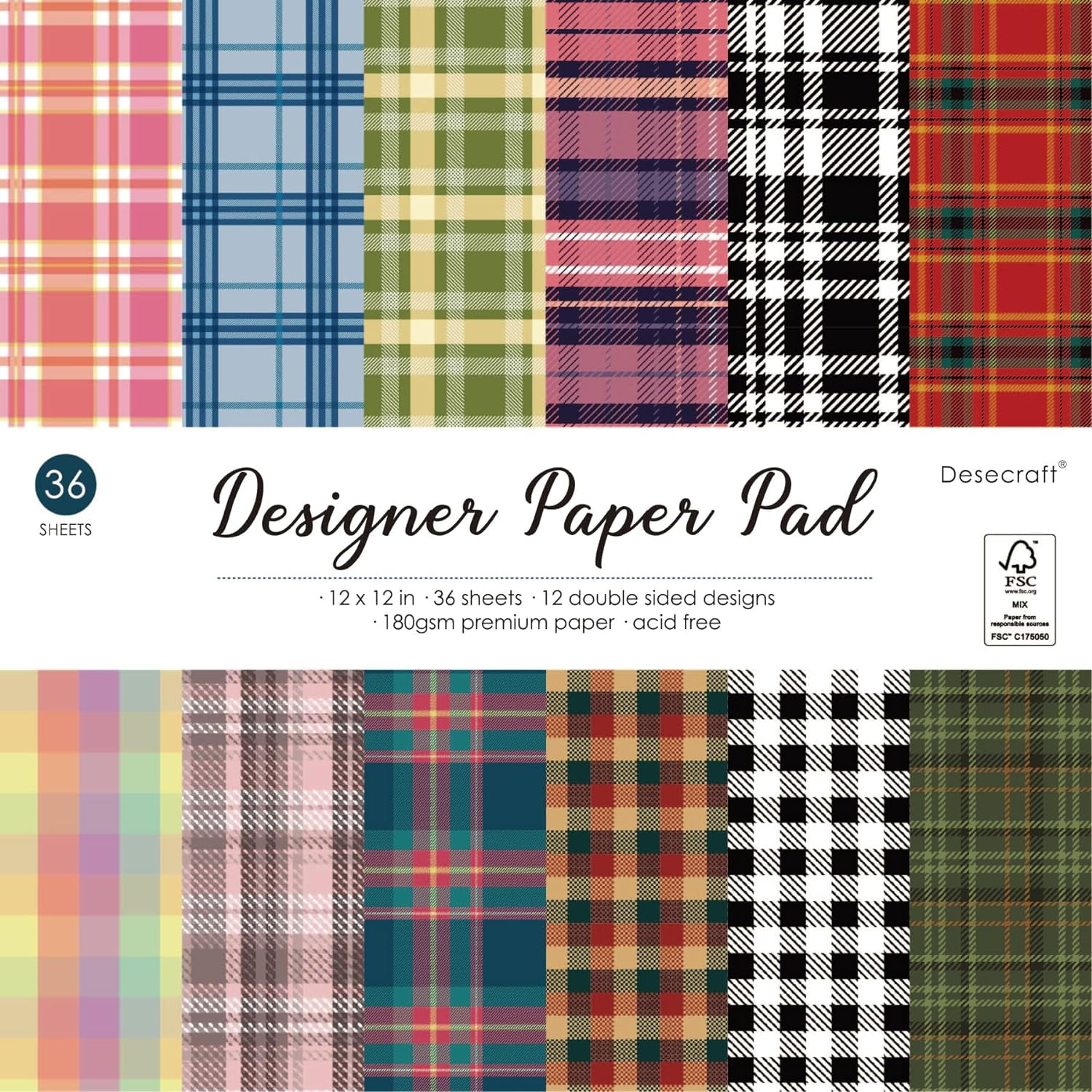 Desecraft Plaid Tartan 12x12 in Double Sided Paper Pad Pack Scrapbook ...