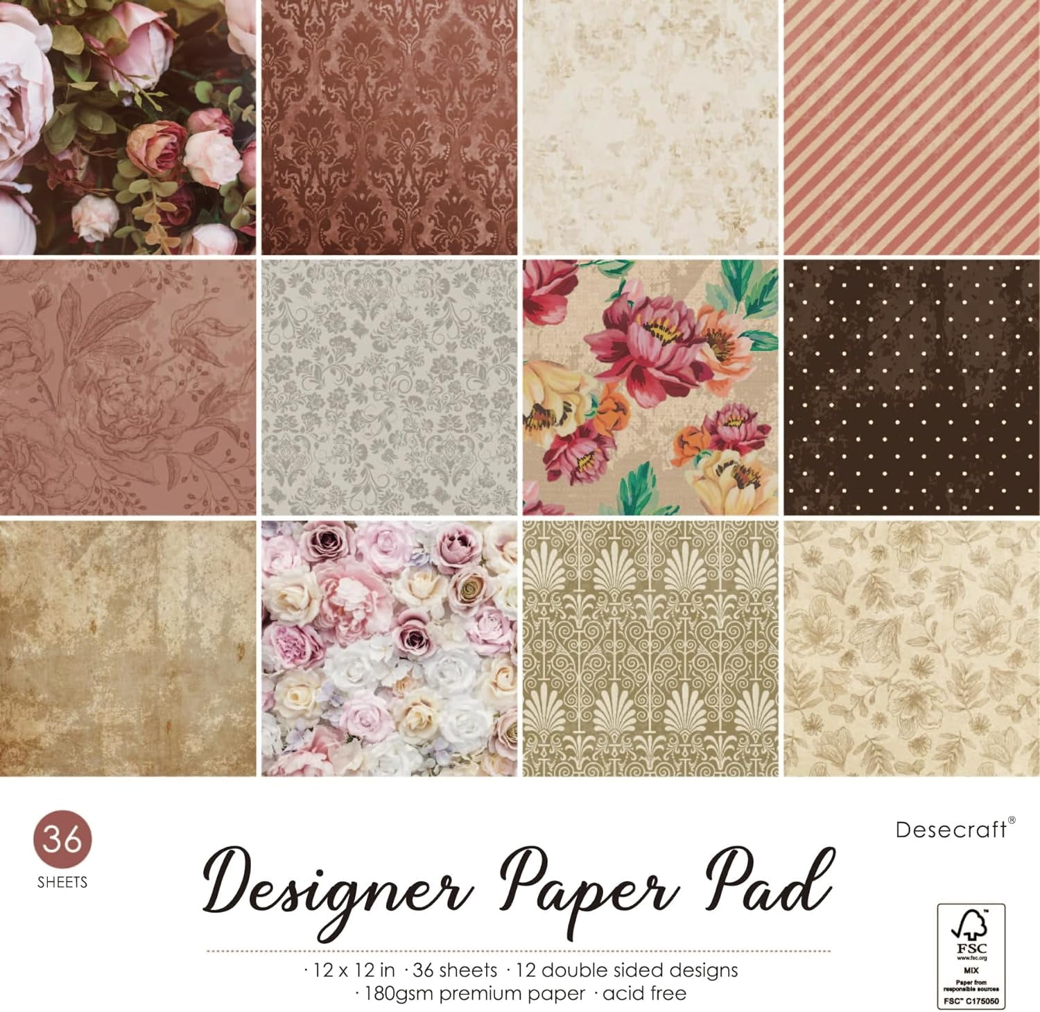 Desecraft Vintage Flora 12x12 in Double Sided Paper Pad Pack Scrapbook ...