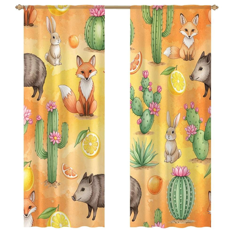 Desert Animals Cactus Print Sheer Voile Curtain Window Tulle Curtains ...