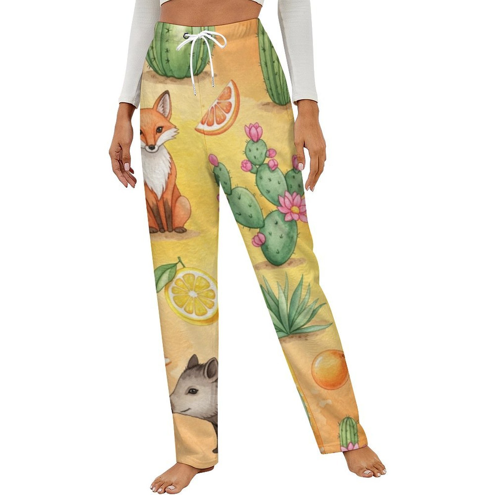 Desert Animals Cactus Print Winter Female Pants Flannel High Waist ...