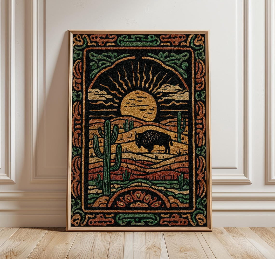Desert Bison Southwestern Landscape Illustration Boho Western Vintage ...